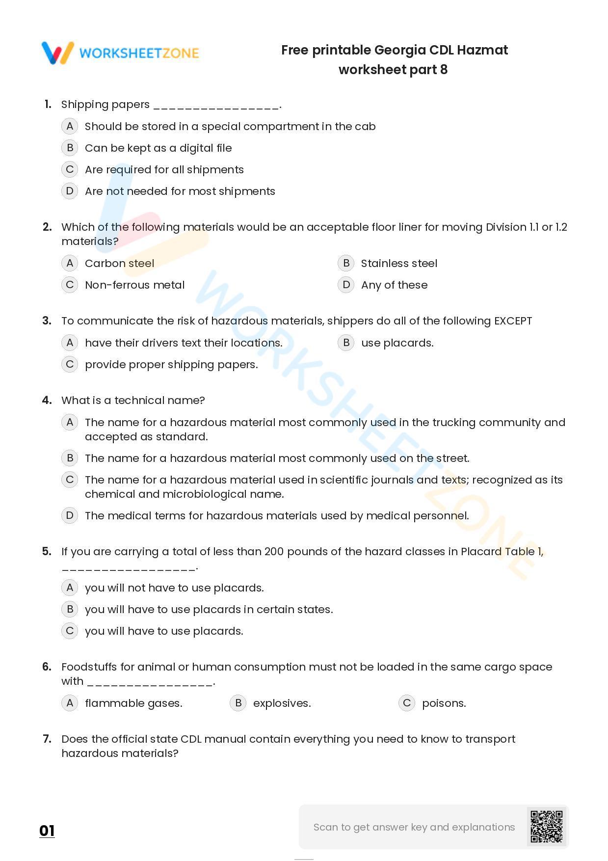 Free Printable Georgia CDL Hazmat Worksheet Part 8