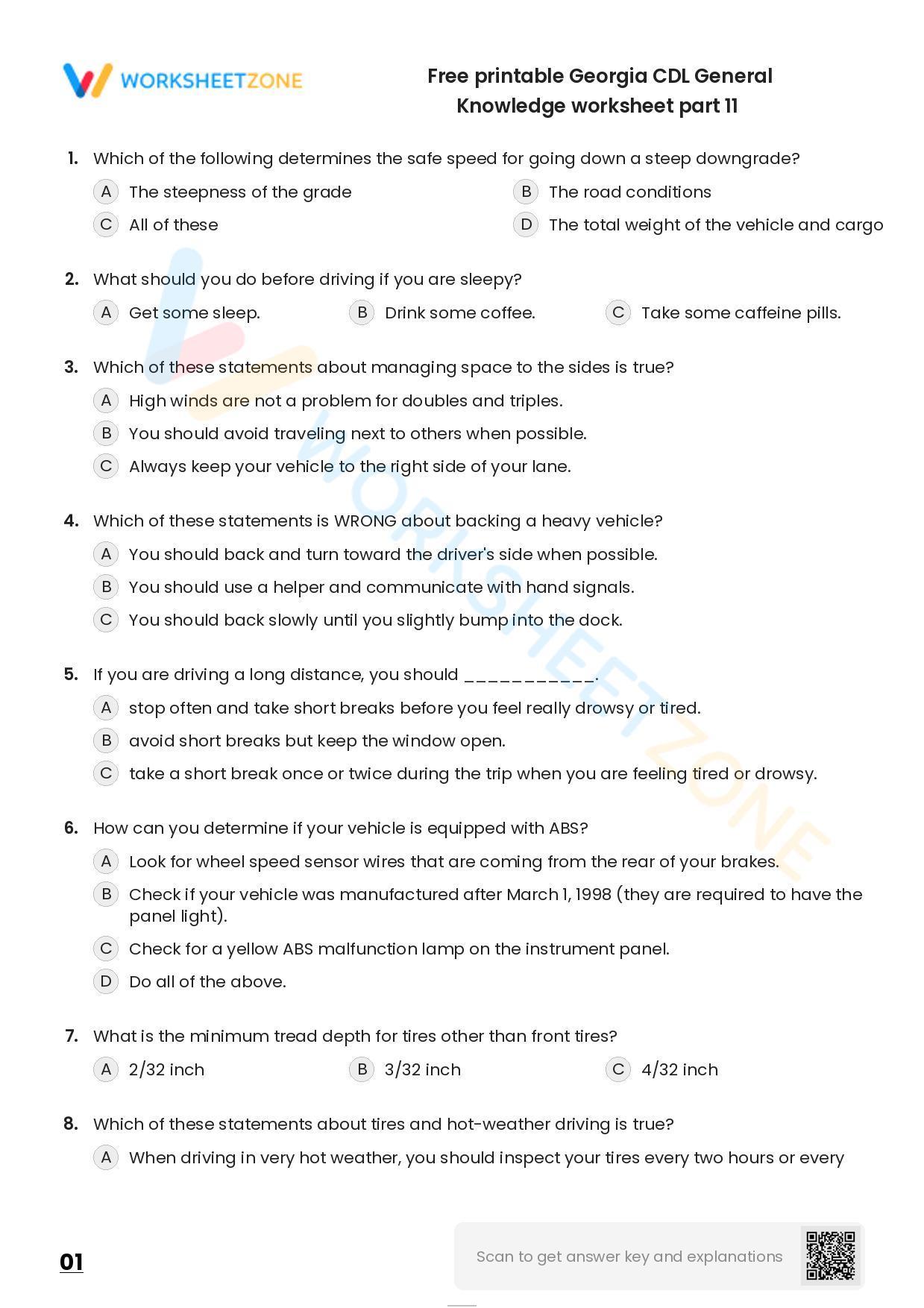 Free Printable Georgia CDL General Knowledge Worksheet Part 11