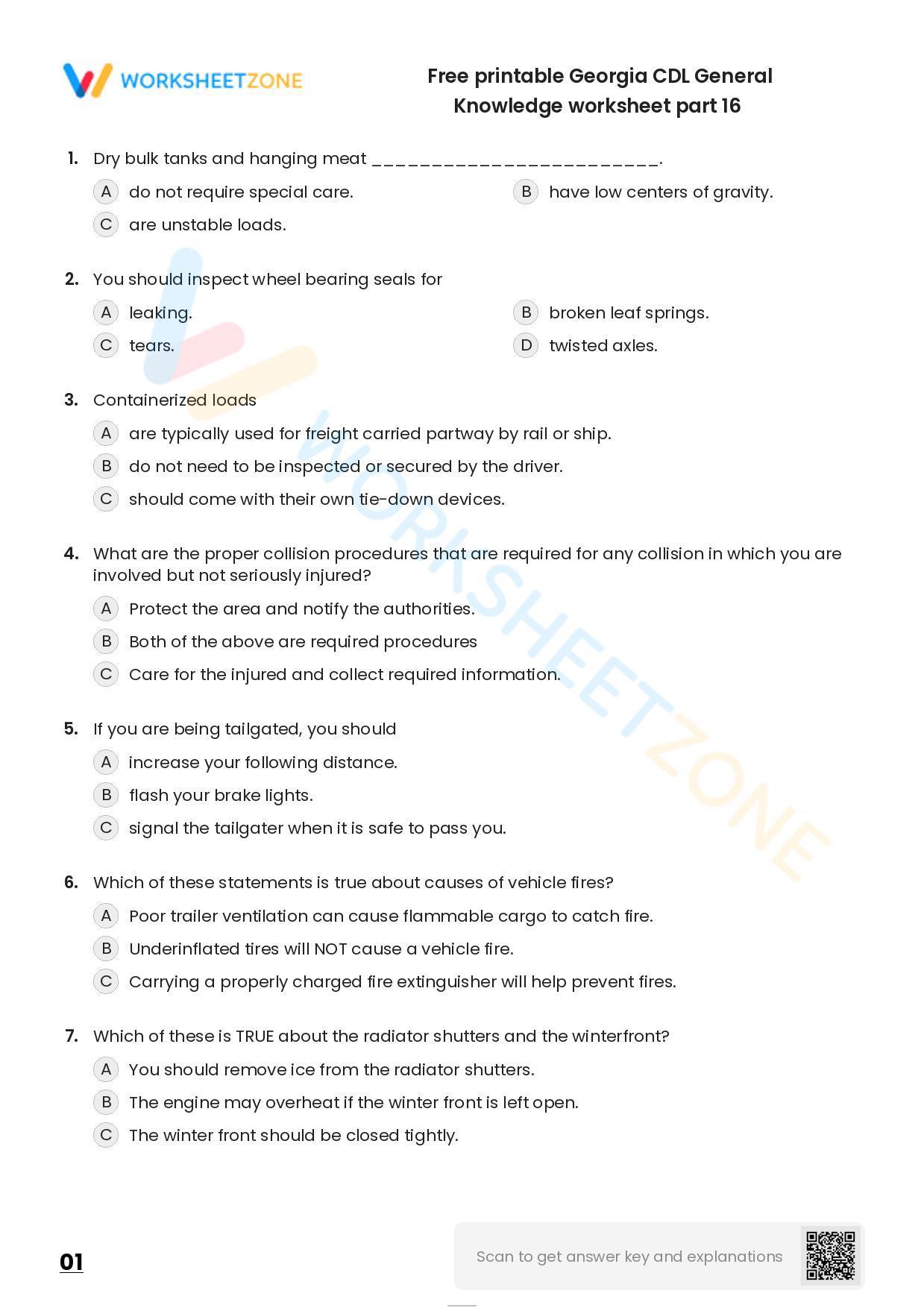 Free Printable Georgia CDL General Knowledge Worksheet Part 16