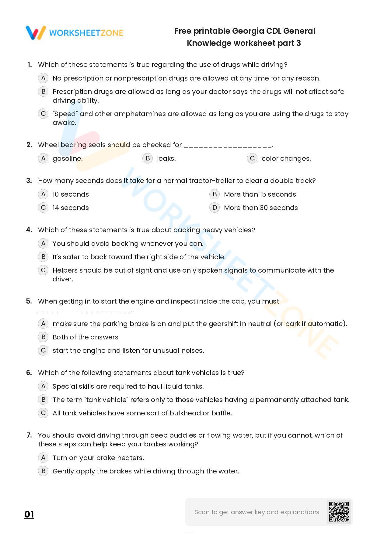 Free Printable Georgia CDL General Knowledge Worksheet Part 3