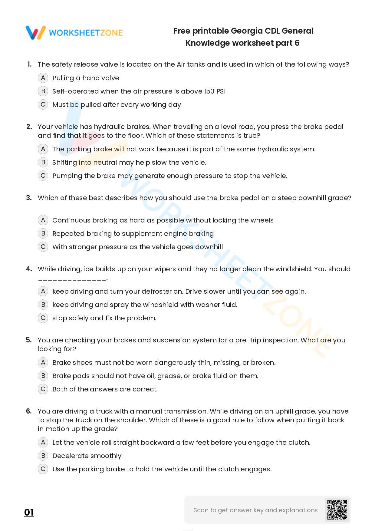 Free Printable Georgia CDL General Knowledge Worksheet Part 6