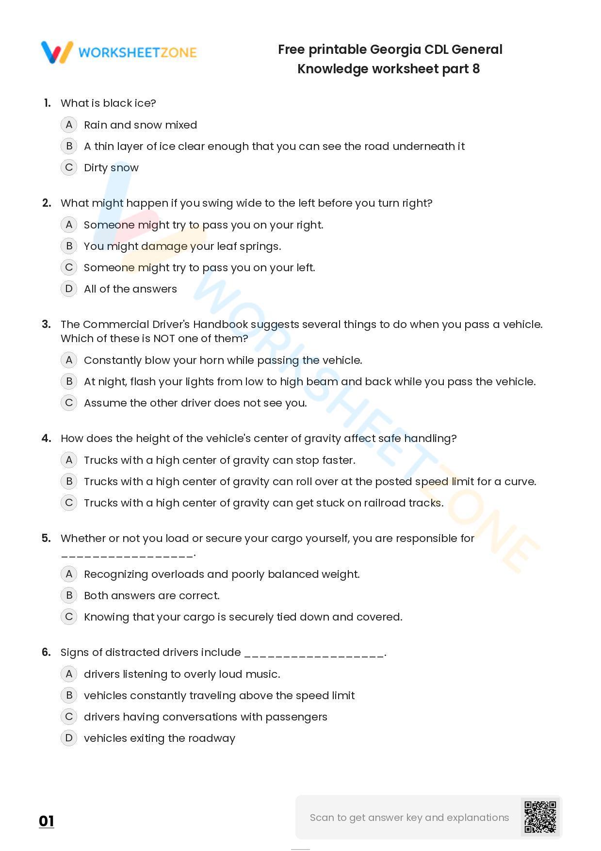 Free Printable Georgia CDL General Knowledge Worksheet Part 8