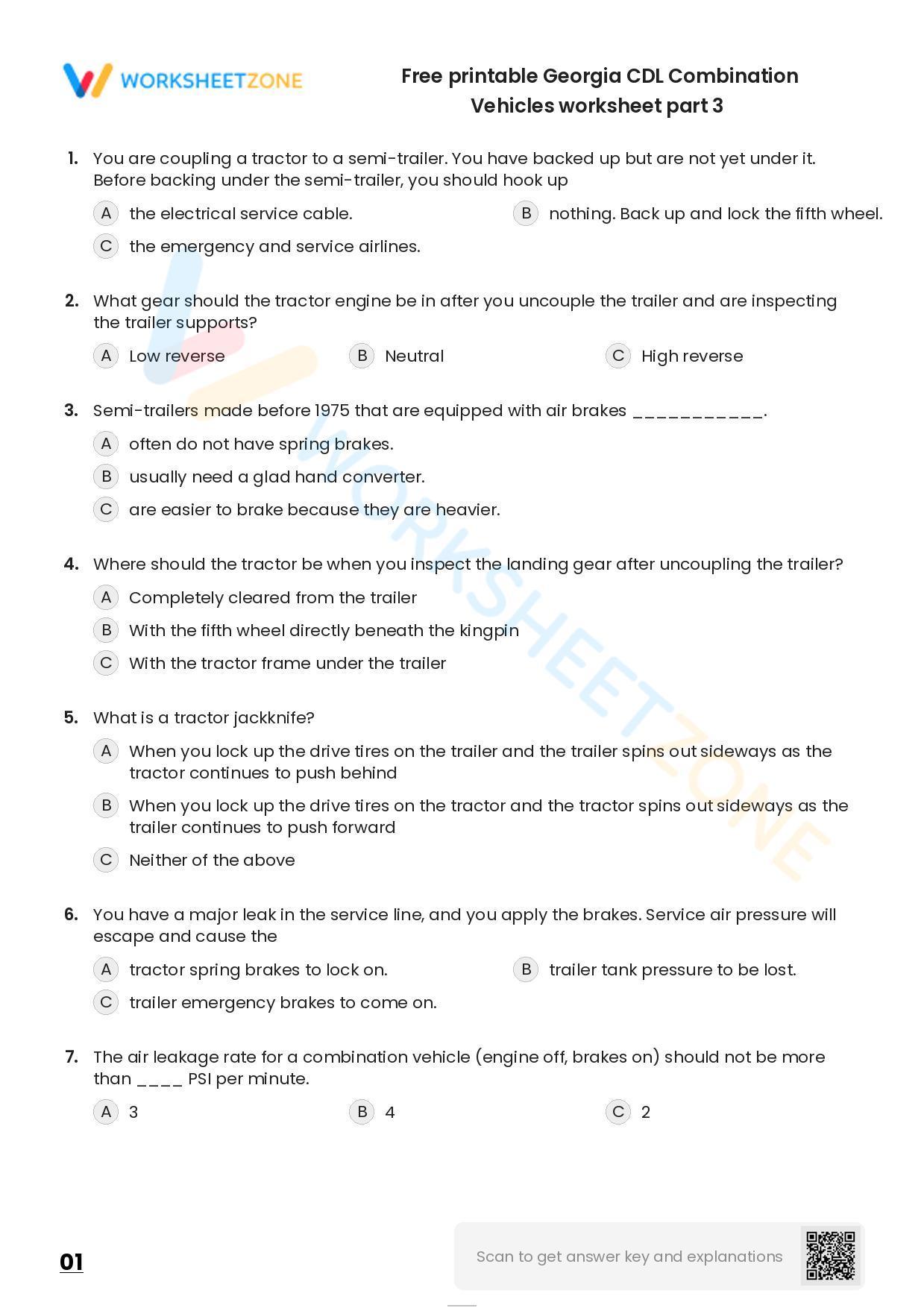 Free Printable Georgia CDL Combination Vehicles Worksheet Part 3