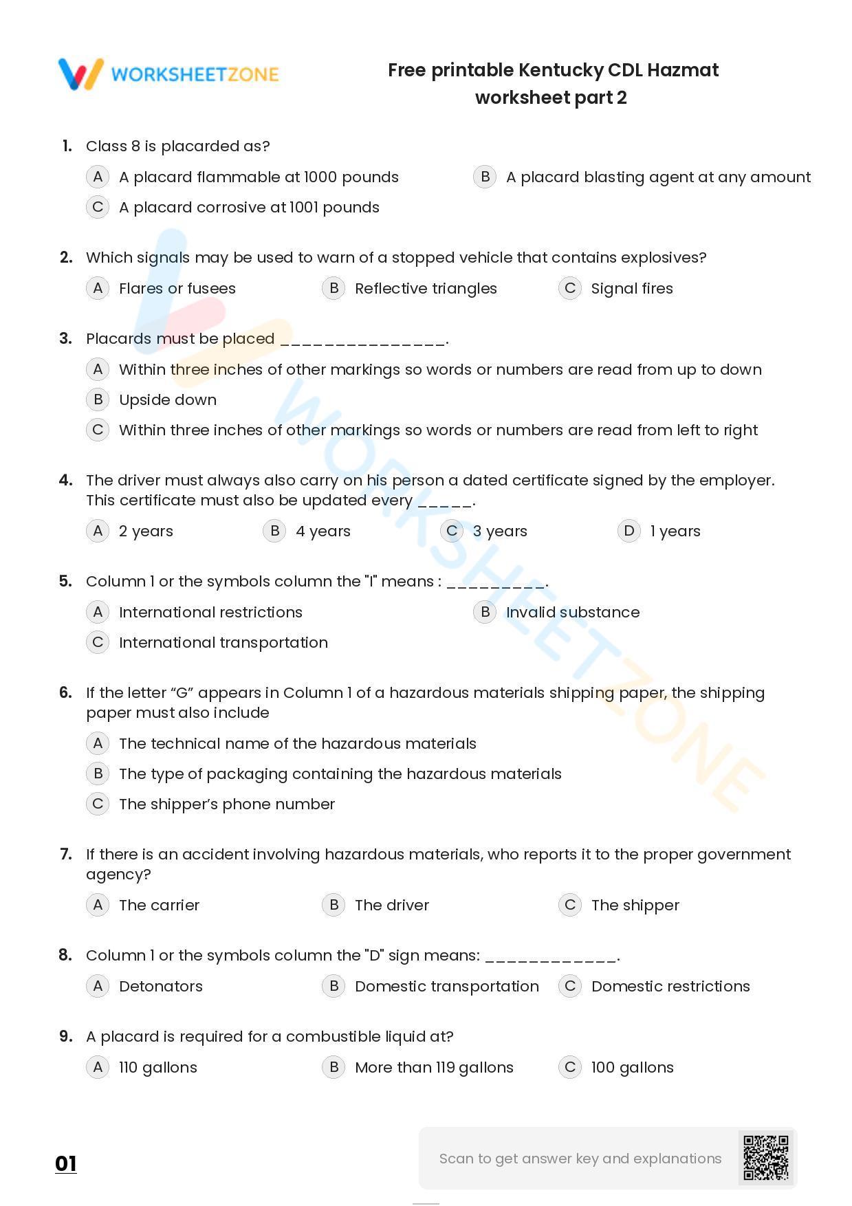 Free Printable Kentucky CDL Hazmat Worksheet Part 2