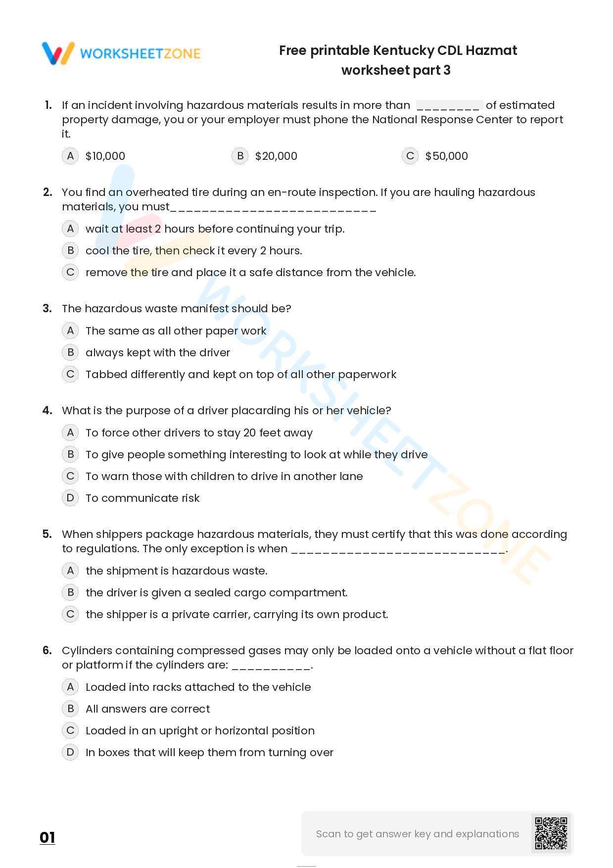 Free Printable Kentucky CDL Hazmat Worksheet Part 3