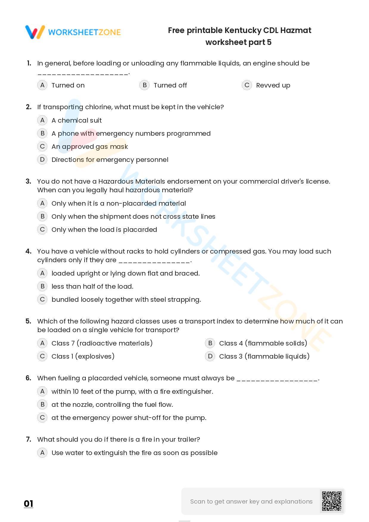 Free Printable Kentucky CDL Hazmat Worksheet Part 5
