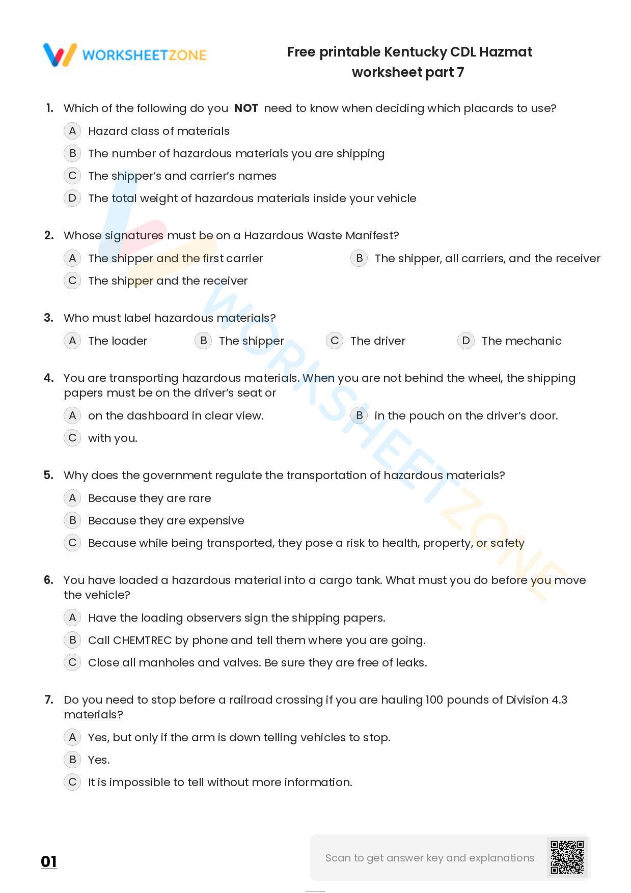Free printable Kentucky CDL Hazmat worksheet part 1 | Worksheet Zone