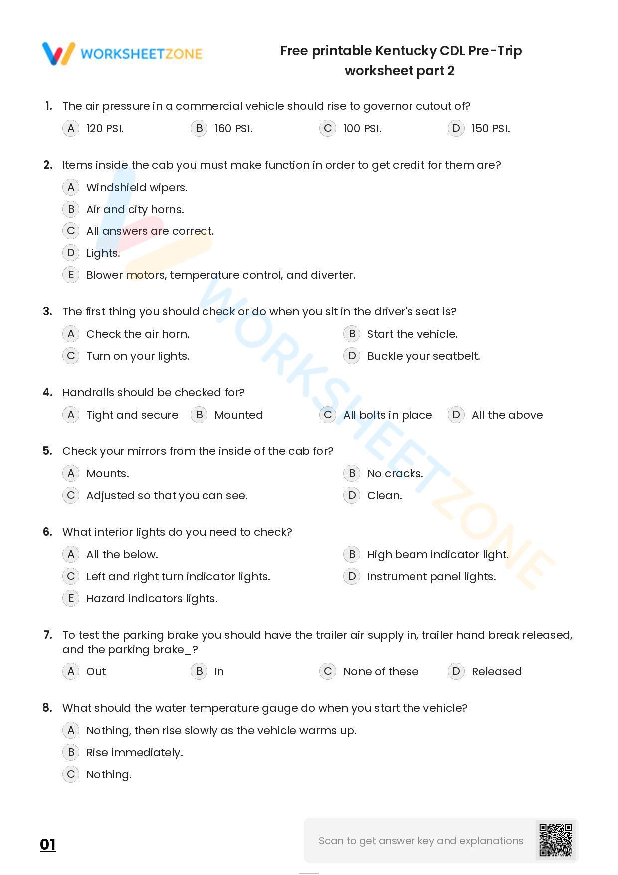Free Printable Kentucky CDL Pre-Trip Worksheet Part 2