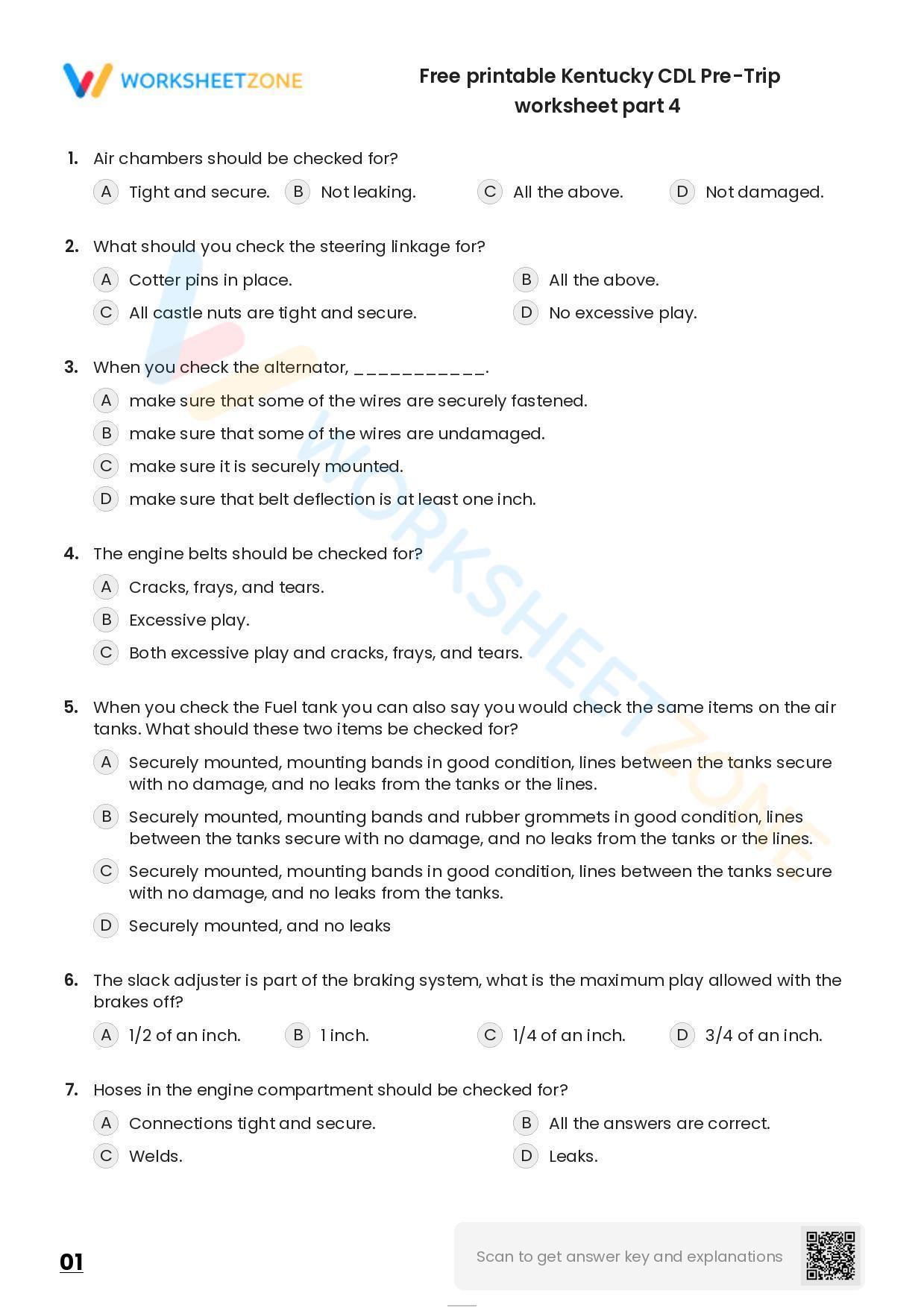 Free Printable Kentucky CDL Pre-Trip Worksheet Part 4