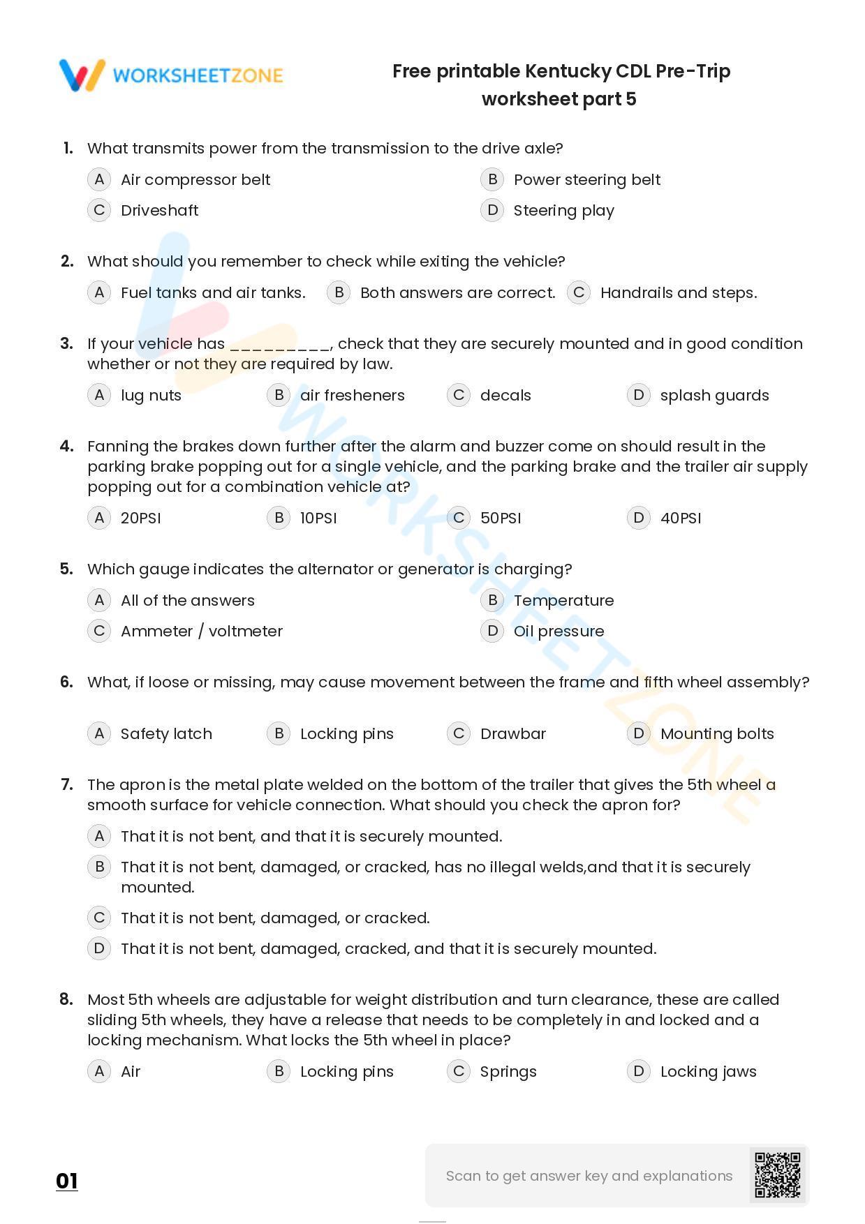 Free Printable Kentucky CDL Pre-Trip Worksheet Part 5