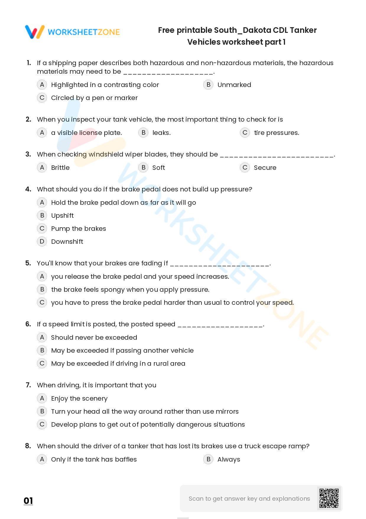 Free Printable South/Dakota CDL Tanker Vehicles Worksheet Part 1