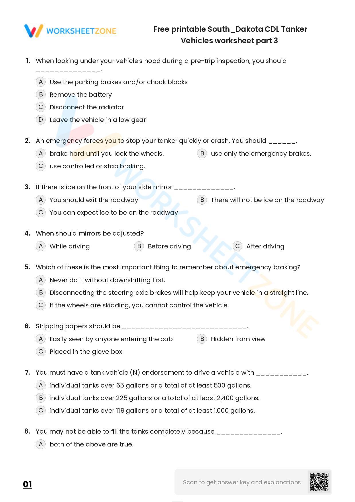 Free Printable South/Dakota CDL Tanker Vehicles Worksheet Part 3