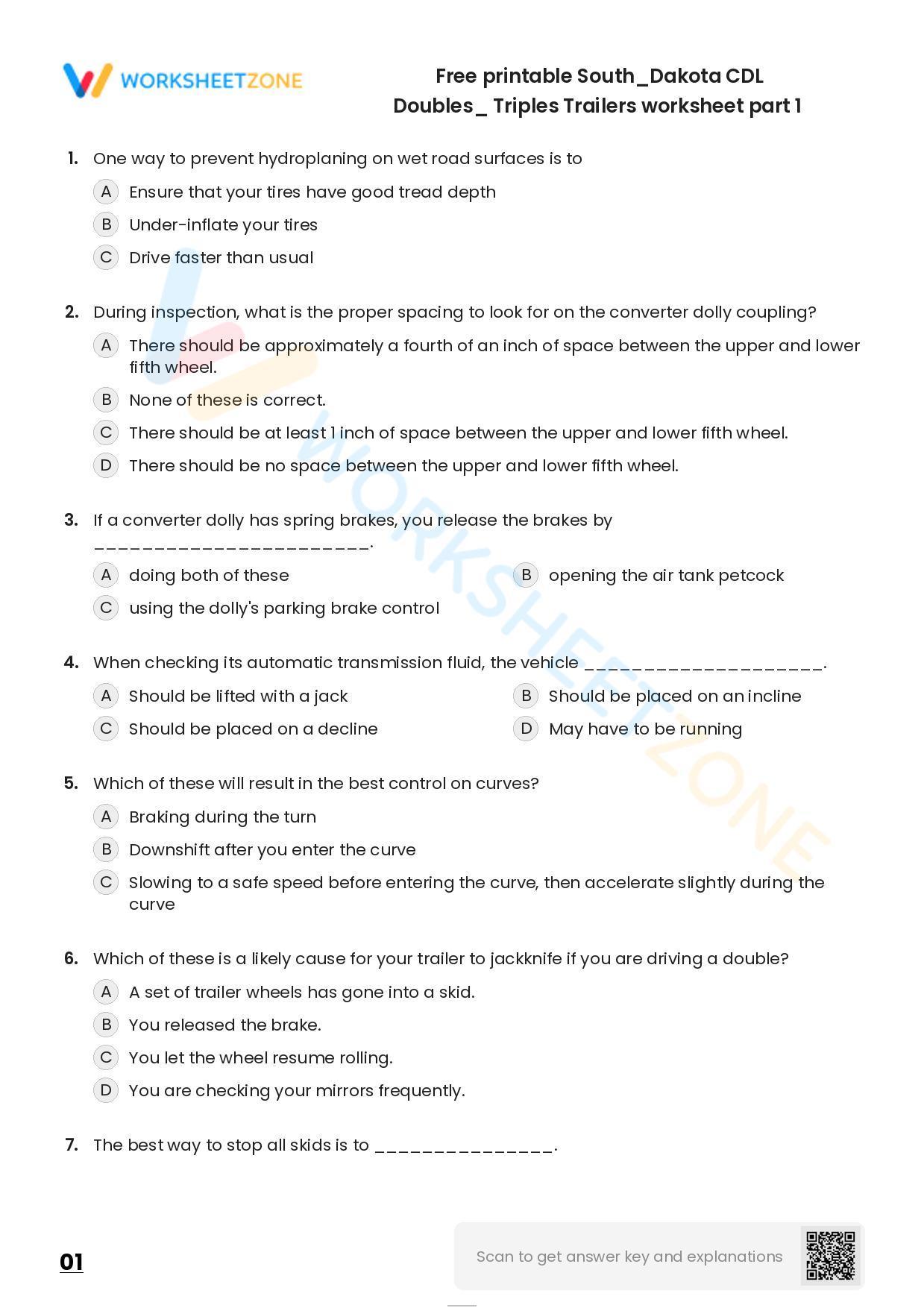Free Printable South/Dakota CDL Doubles_ Triples Trailers Worksheet Part 1