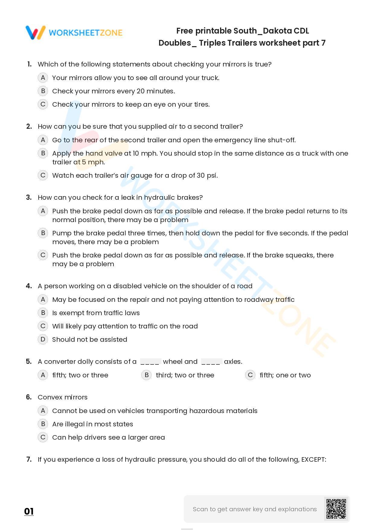 Free Printable South/Dakota CDL Doubles_ Triples Trailers Worksheet Part 7