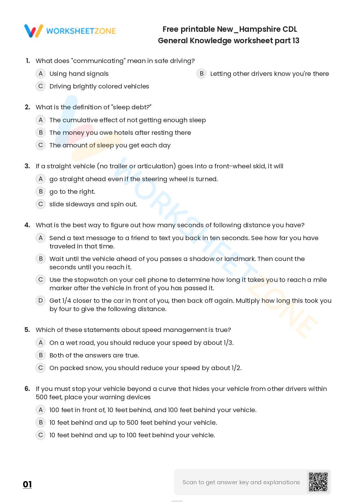 Free printable New/Hampshire CDL General Knowledge worksheet part 1 ...