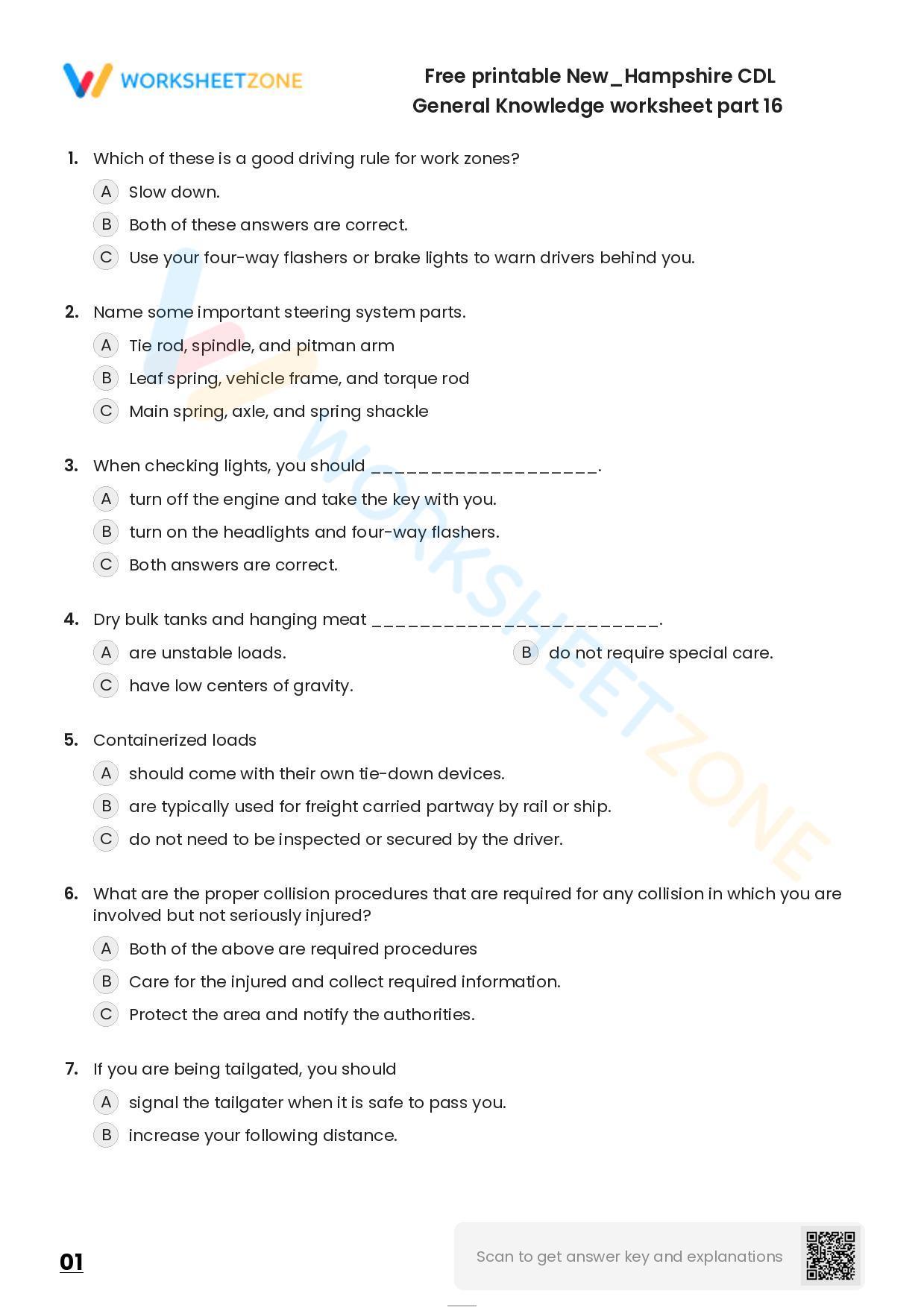Free Printable New/Hampshire CDL General Knowledge Worksheet Part 16