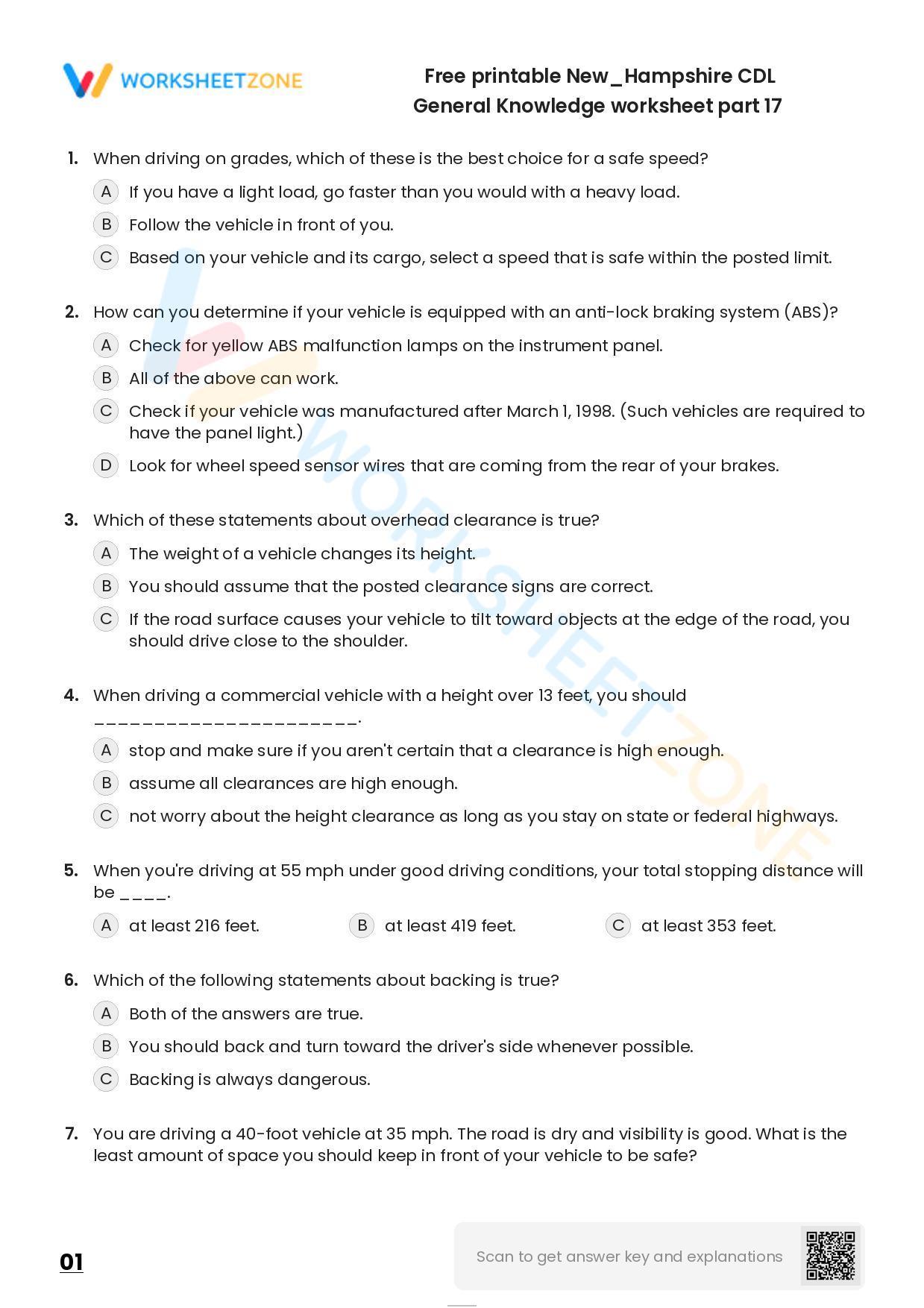 Free printable New/Hampshire CDL General Knowledge worksheet part 1 ...