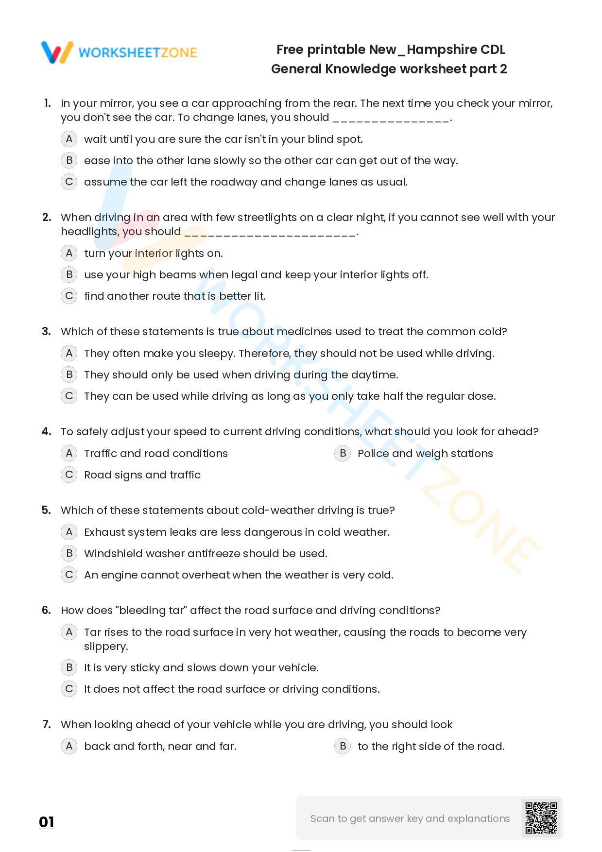Free printable New/Hampshire CDL General Knowledge worksheet part 1 ...