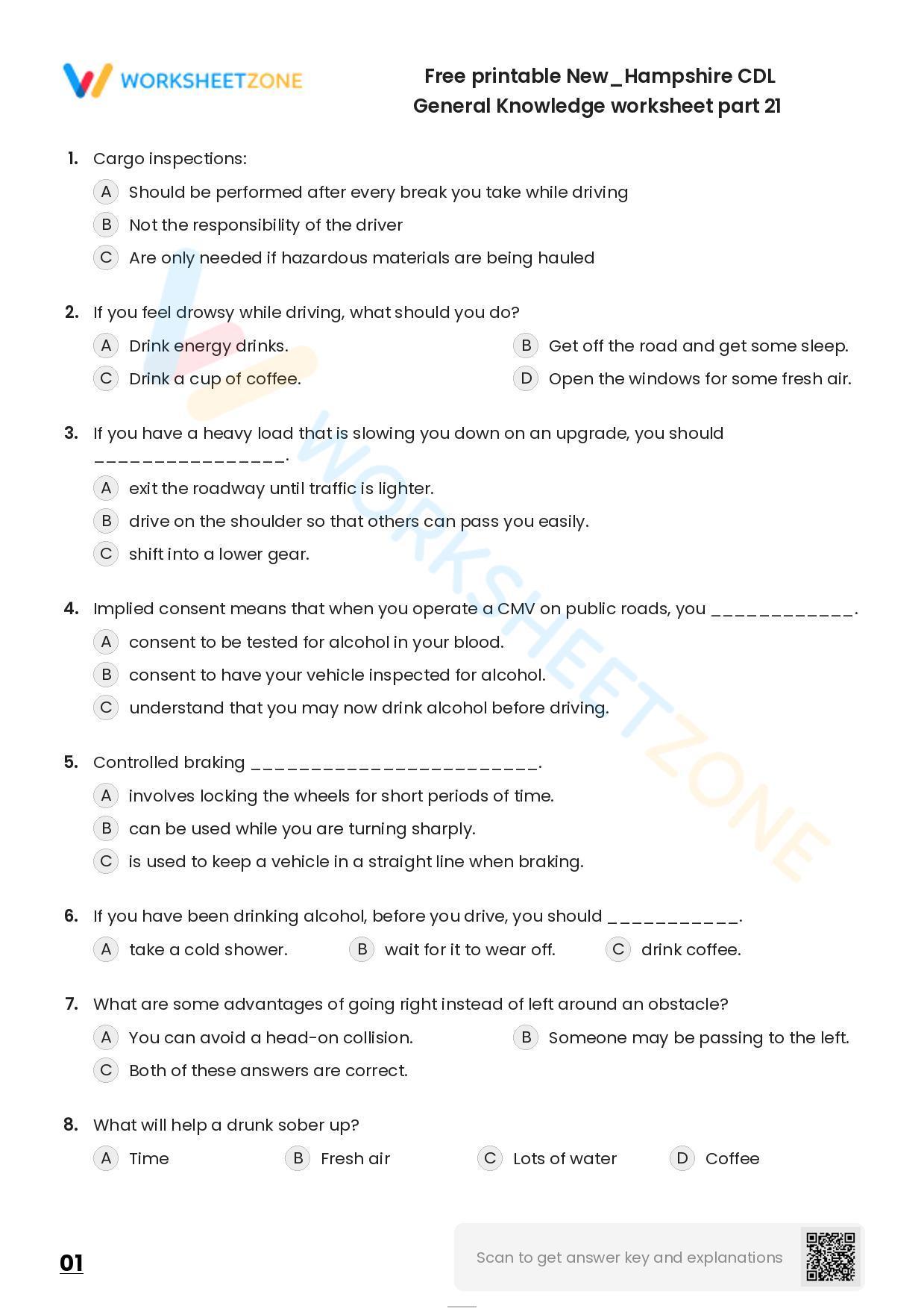 Free printable New/Hampshire CDL General Knowledge worksheet part 1 ...