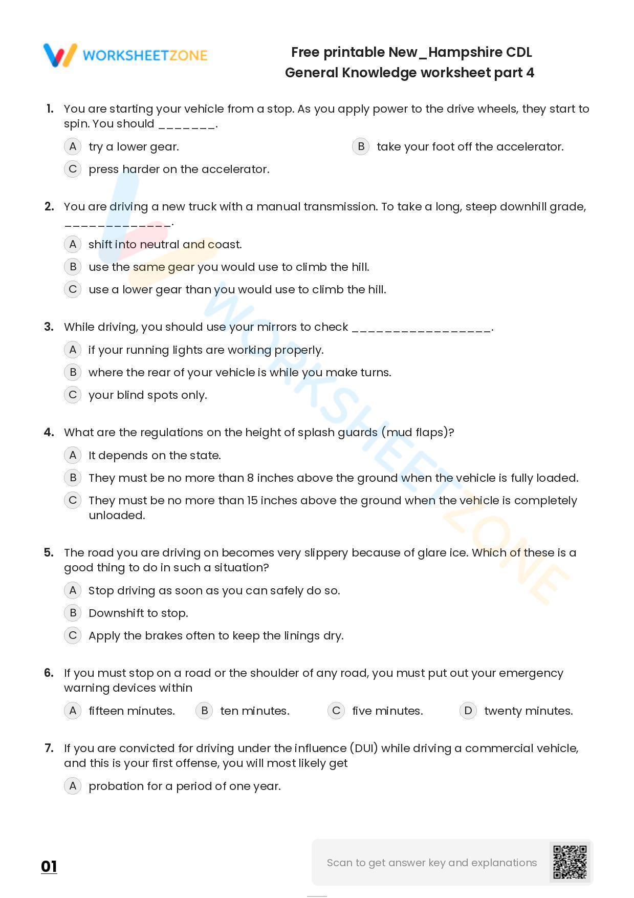 Free Printable New/Hampshire CDL General Knowledge Worksheet Part 4