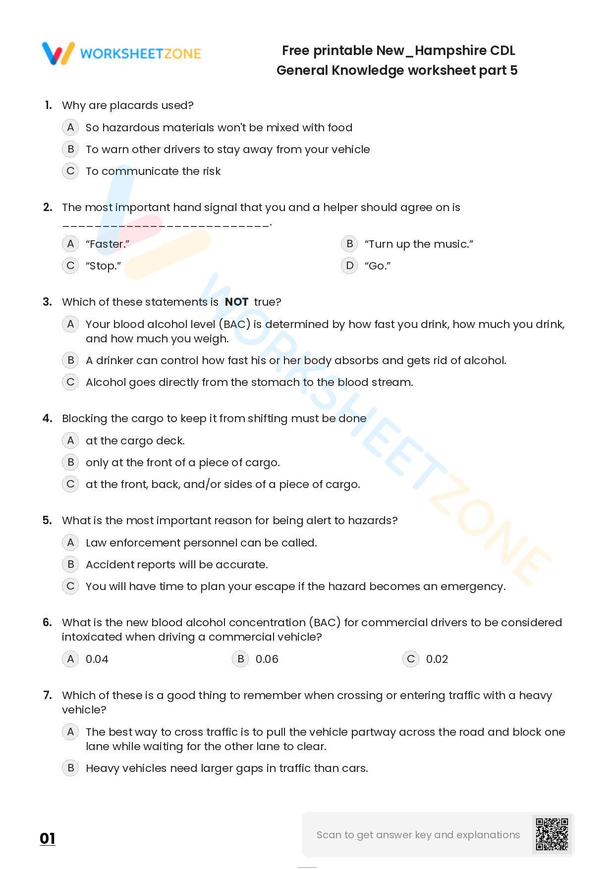 Free printable New/Hampshire CDL General Knowledge worksheet part 1 | Worksheet Zone