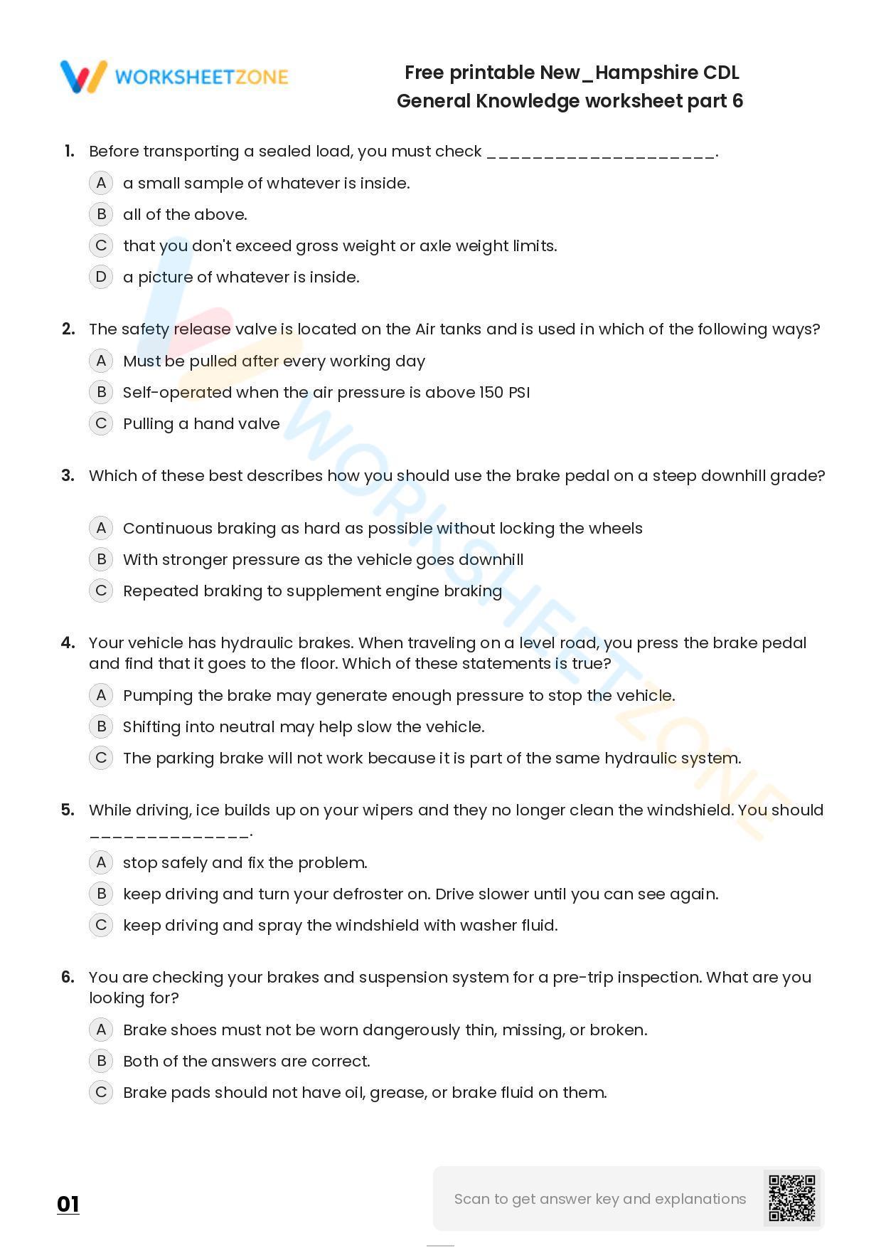 Free Printable New/Hampshire CDL General Knowledge Worksheet Part 6