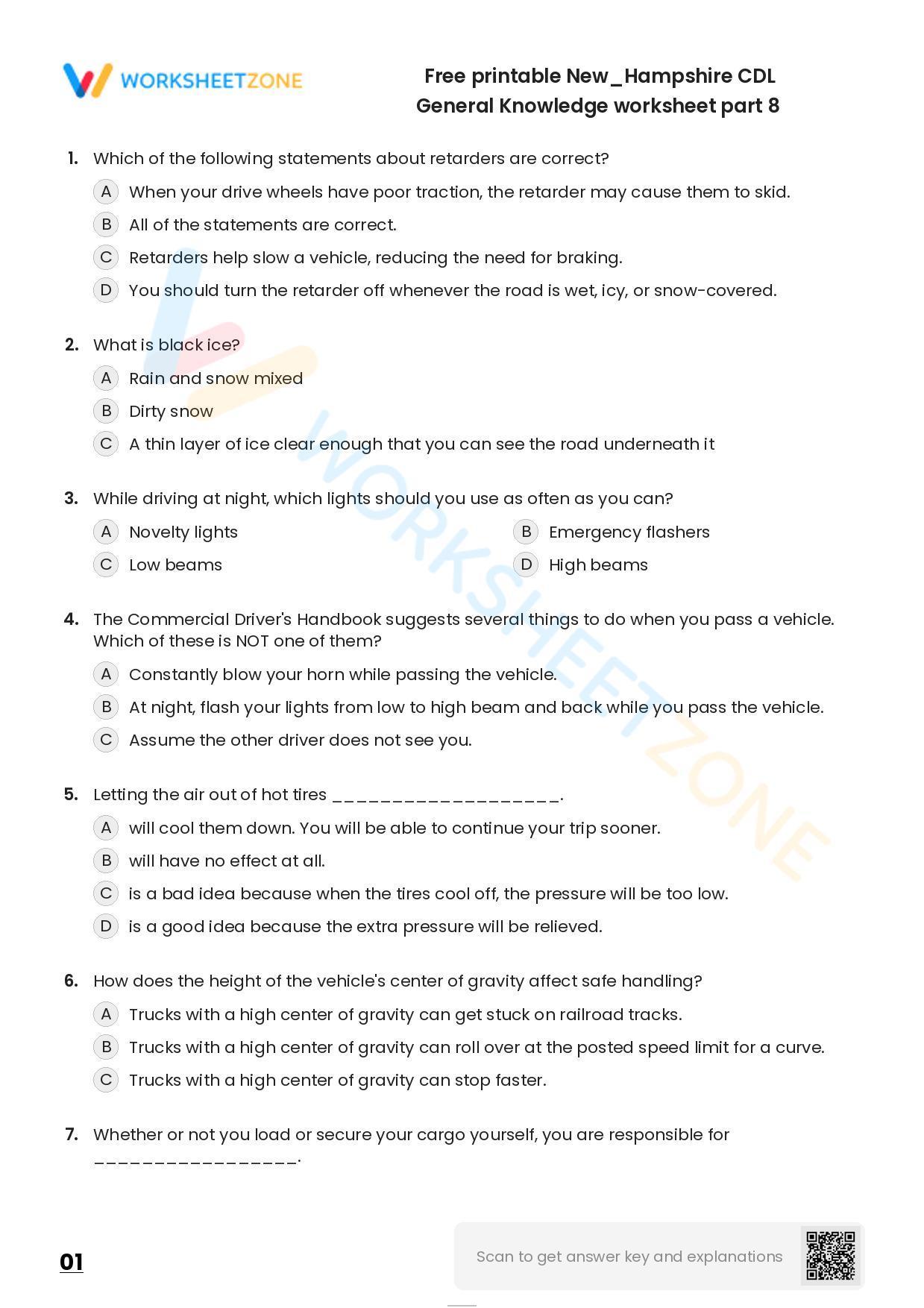Free Printable New/Hampshire CDL General Knowledge Worksheet Part 8