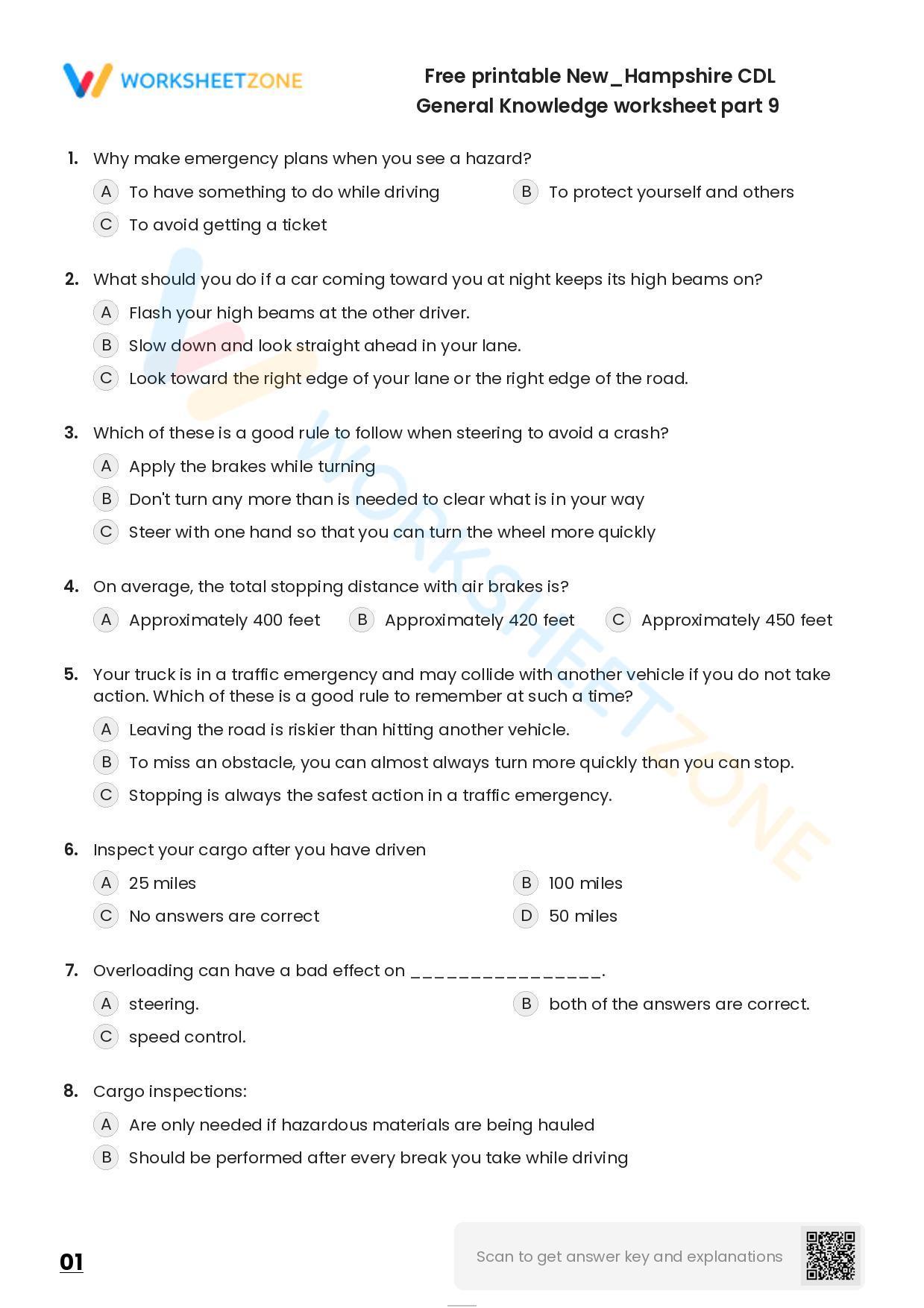 Free printable New/Hampshire CDL General Knowledge worksheet part 1 ...