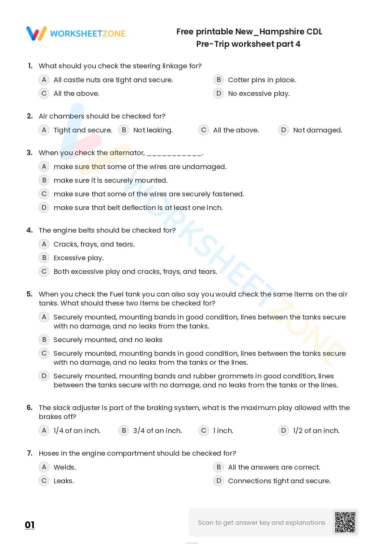Free printable New/Hampshire CDL Pre-Trip worksheet part 1 | Worksheet Zone