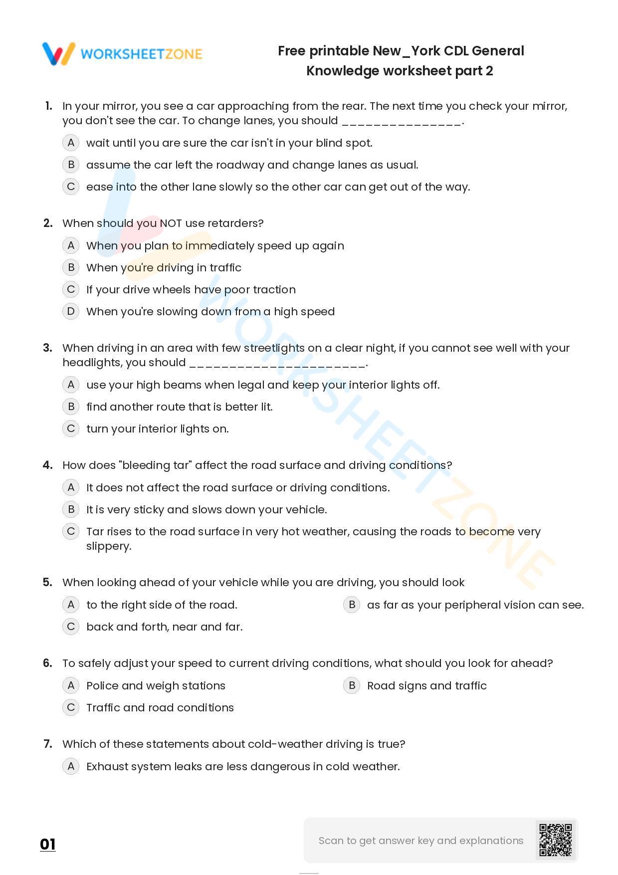 Free Printable New/York CDL General Knowledge Worksheet Part 2