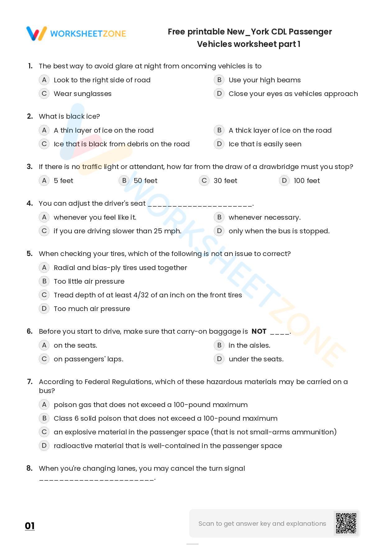 Free Printable New/York CDL Passenger Vehicles Worksheet Part 1