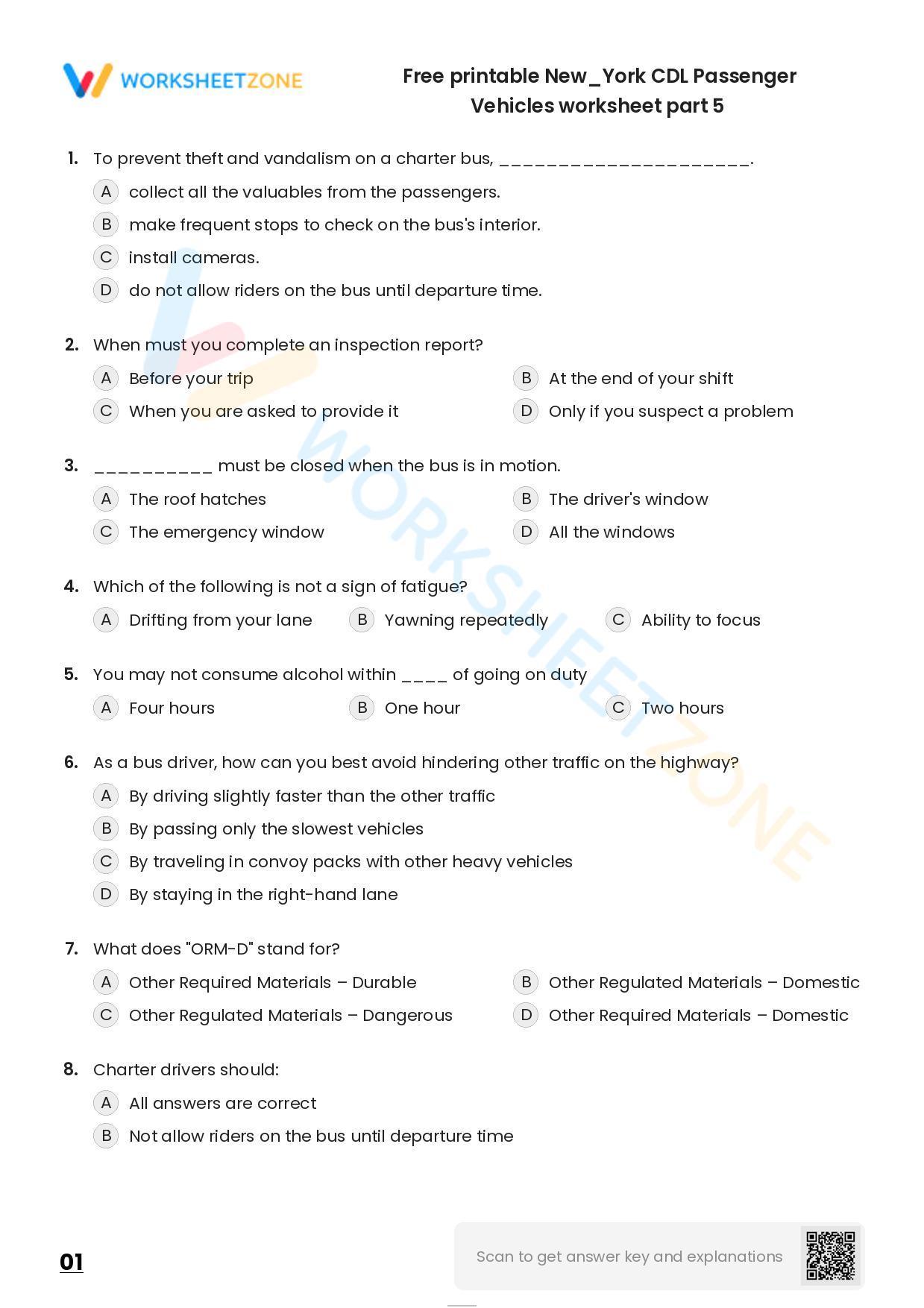 Free Printable New/York CDL Passenger Vehicles Worksheet Part 5