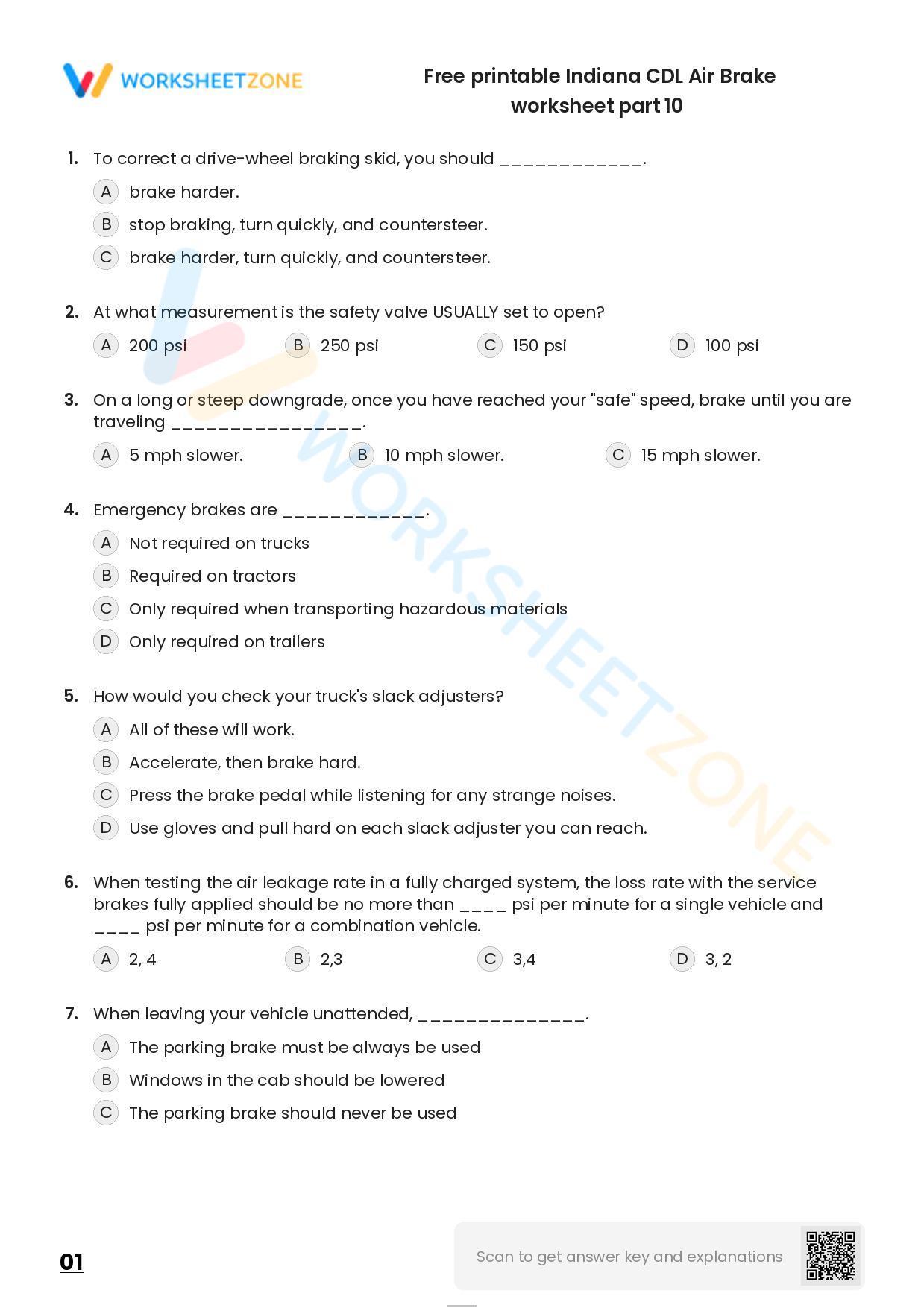 Free printable Indiana CDL Air Brake worksheet part 2 | Worksheet Zone