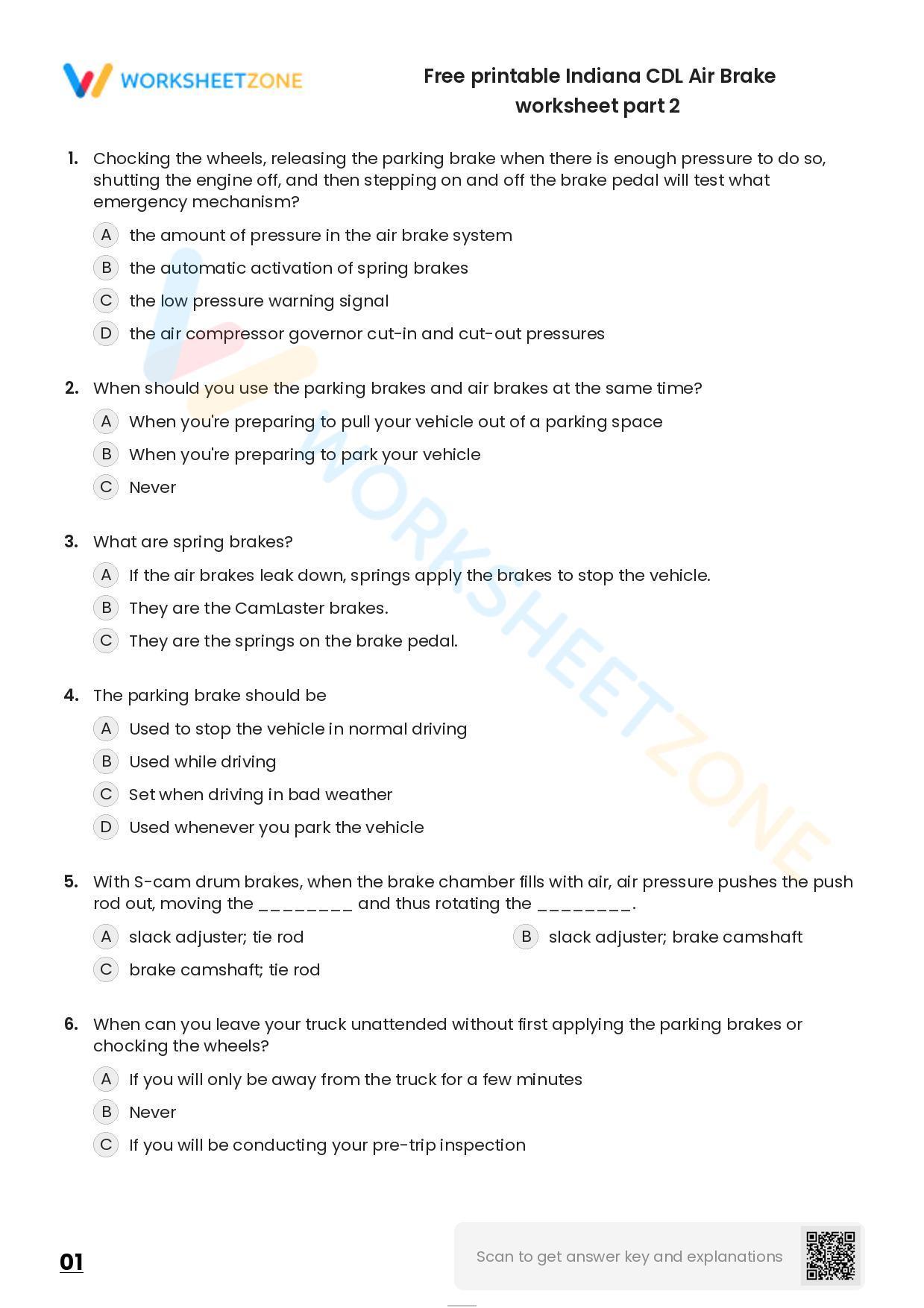 Free Printable Indiana CDL Air Brake Worksheet Part 2