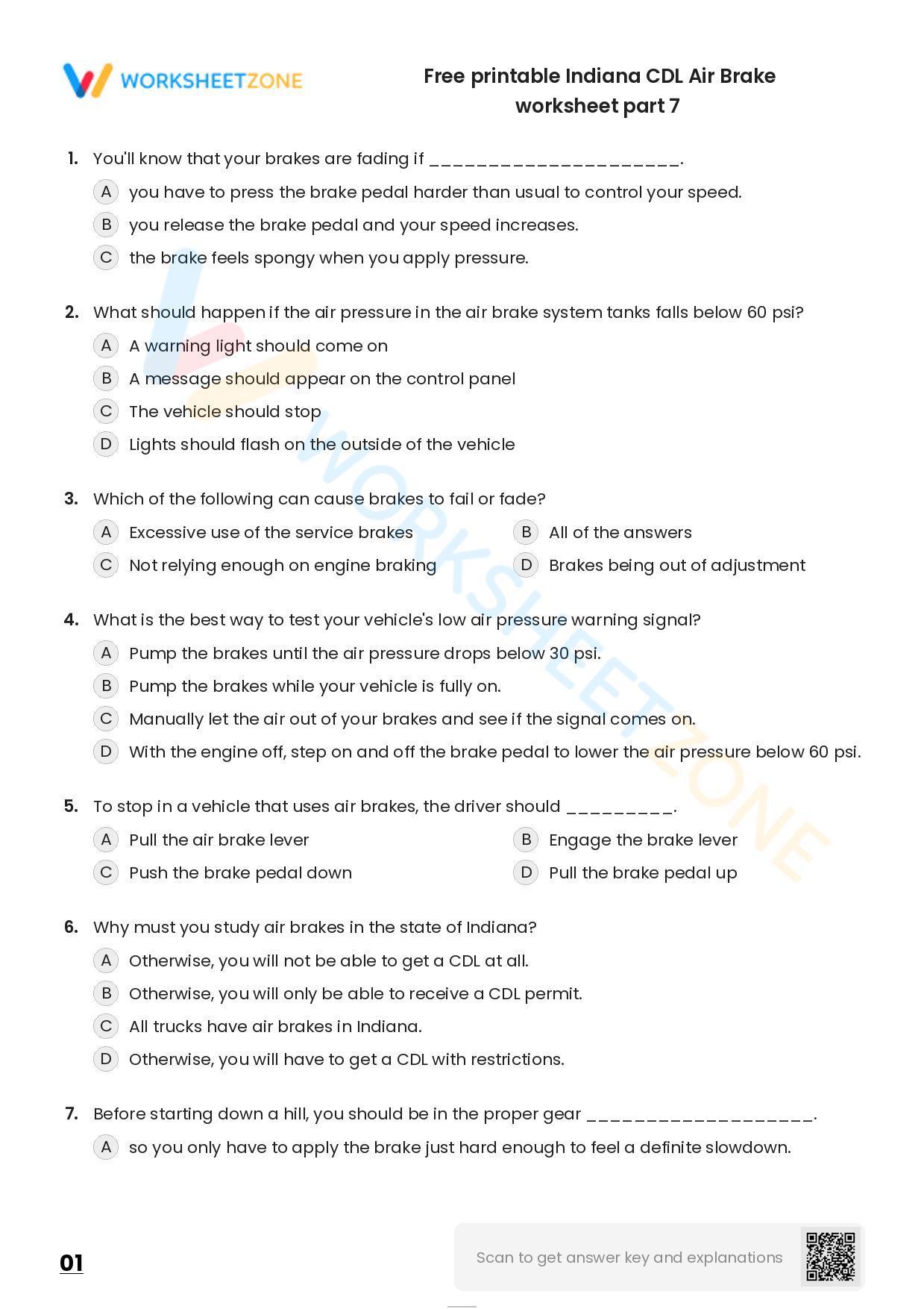 Free Printable Indiana CDL Air Brake Worksheet Part 7
