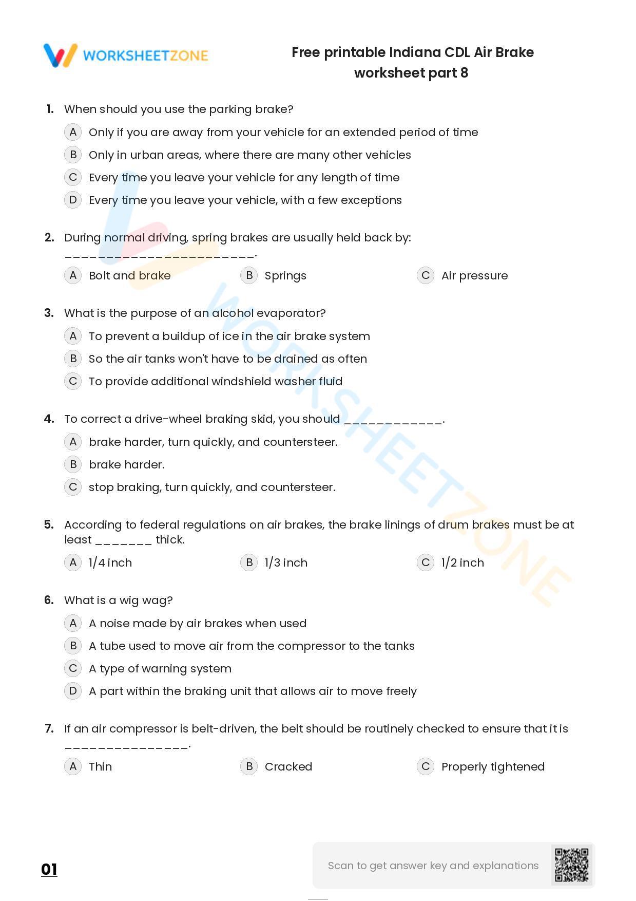 Free printable Indiana CDL Air Brake worksheet part 2 | Worksheet Zone