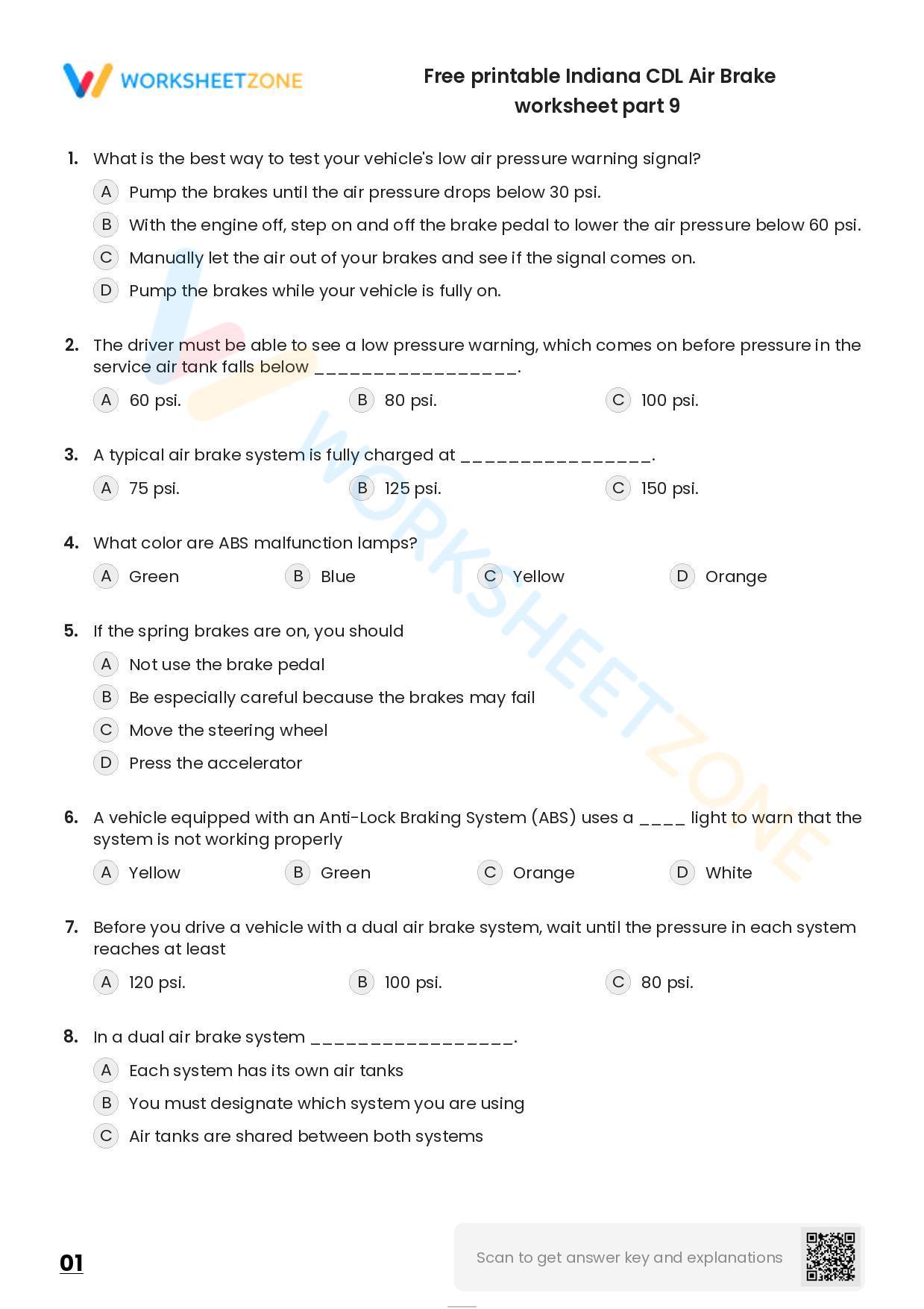 Free printable Indiana CDL Air Brake worksheet part 2 | Worksheet Zone