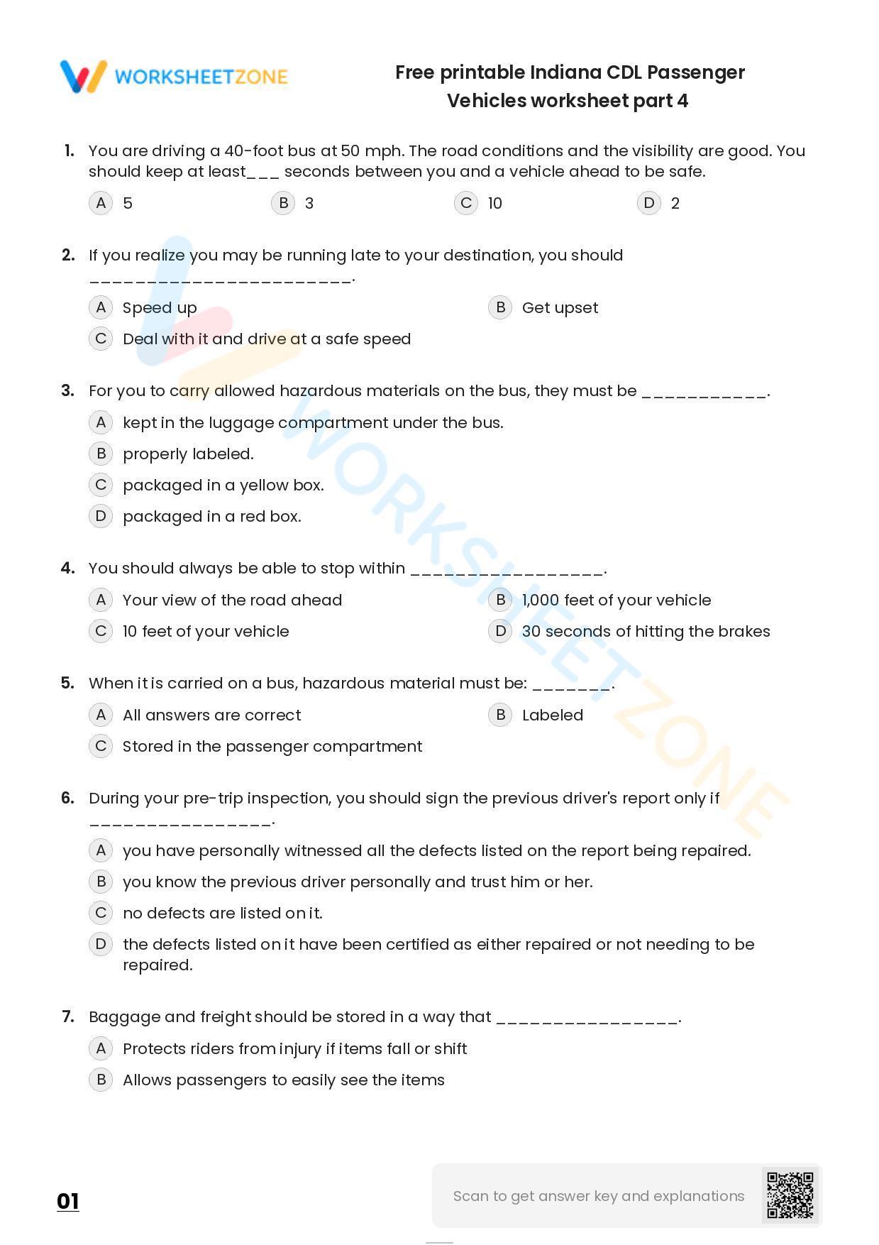 Free Printable Indiana CDL Passenger Vehicles Worksheet Part 4