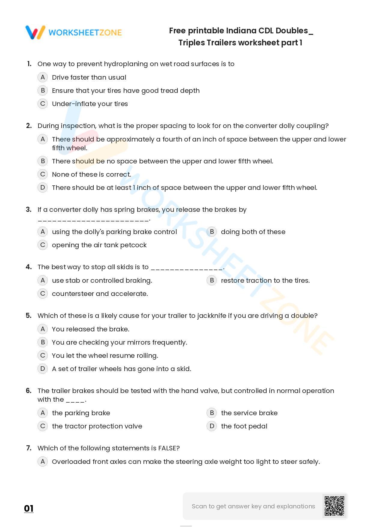 Free Printable Indiana CDL Doubles/ Triples Trailers Worksheet Part 1