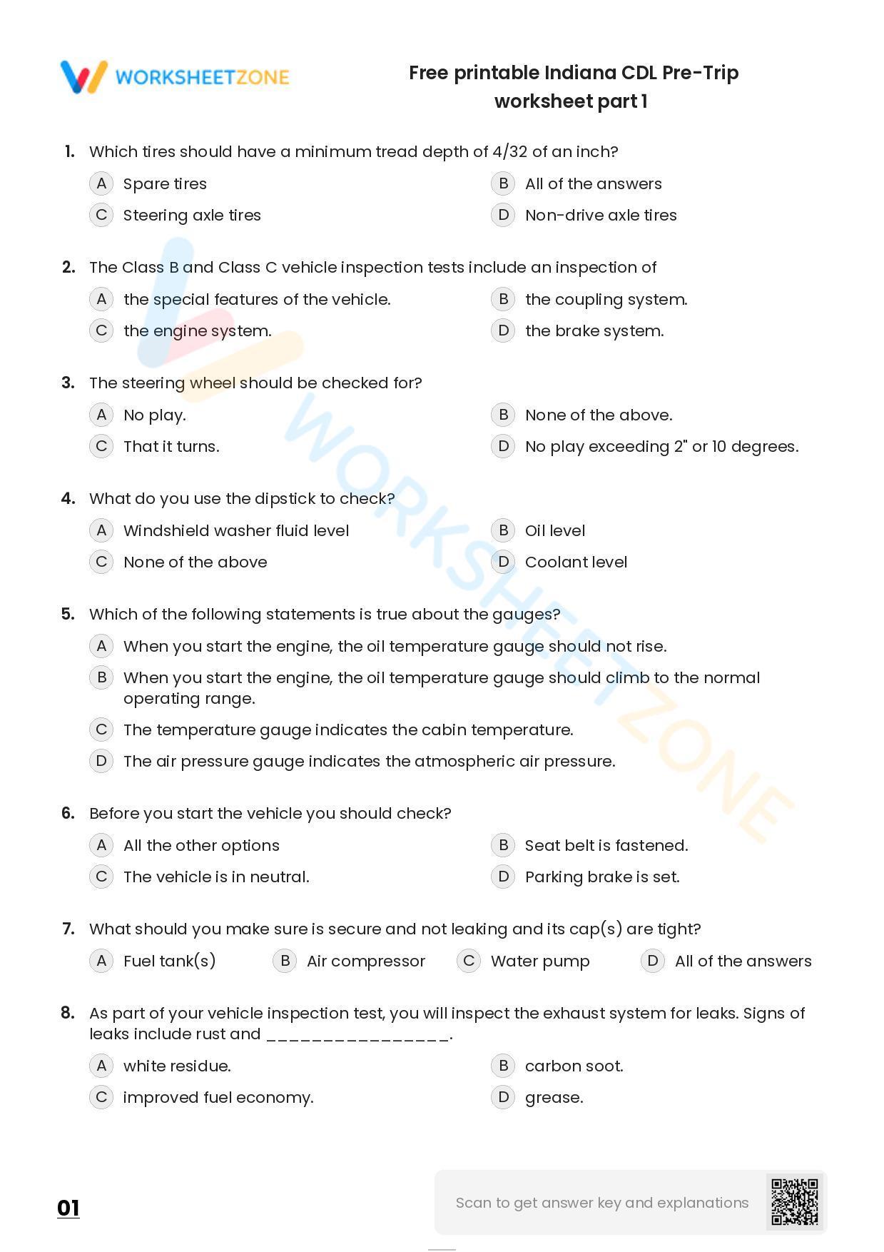 Free Printable Indiana CDL Pre-Trip Worksheet Part 1
