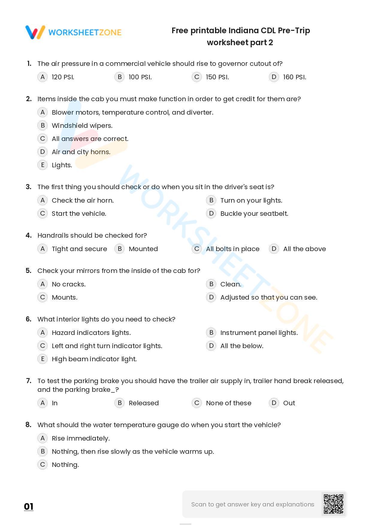 Free Printable Indiana CDL Pre-Trip Worksheet Part 2