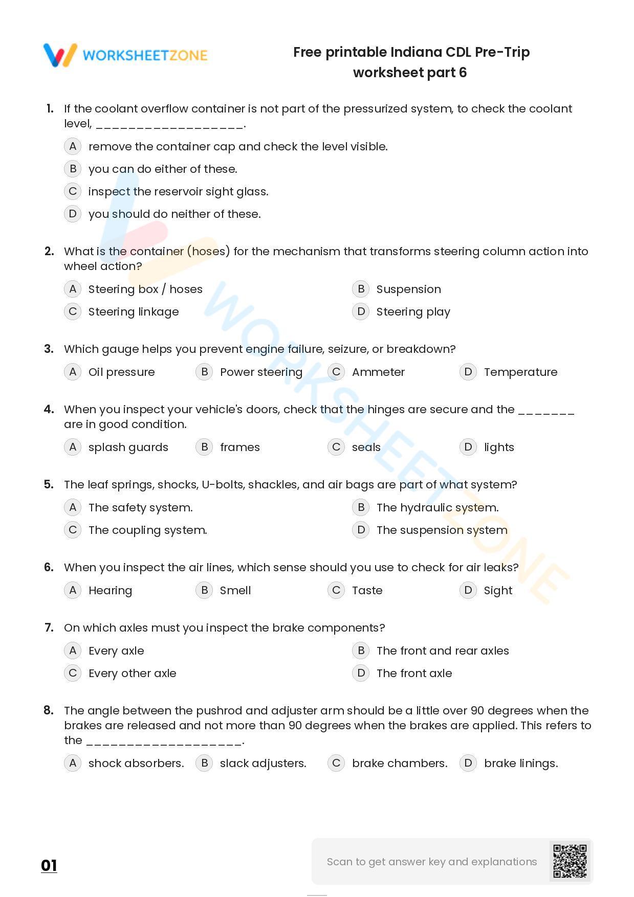 Free Printable Indiana CDL Pre-Trip Worksheet Part 6