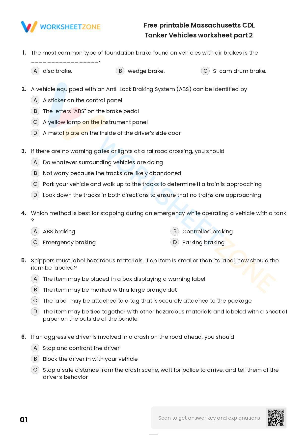 Free Printable Massachusetts CDL Tanker Vehicles Worksheet Part 2