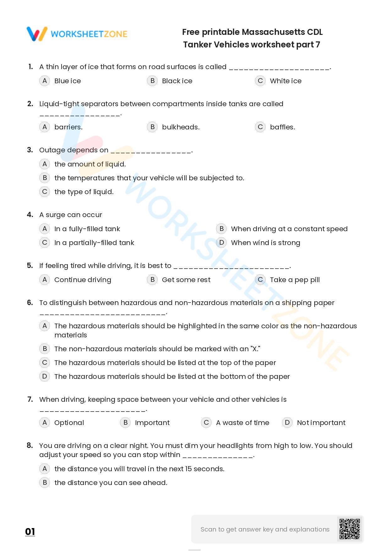 Free Printable Massachusetts CDL Tanker Vehicles Worksheet Part 7
