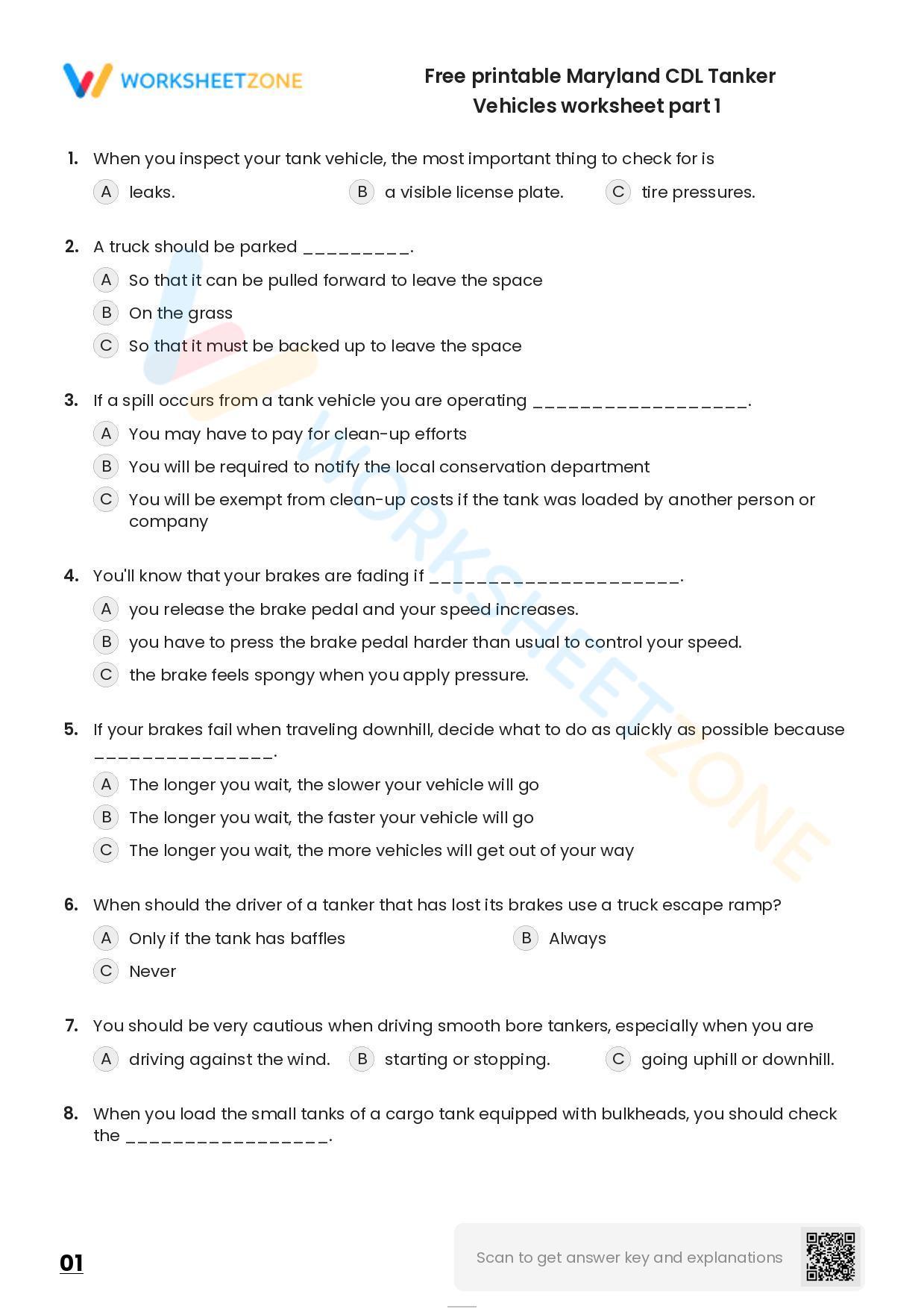 Free printable Maryland CDL Tanker Vehicles worksheet part 1 ...