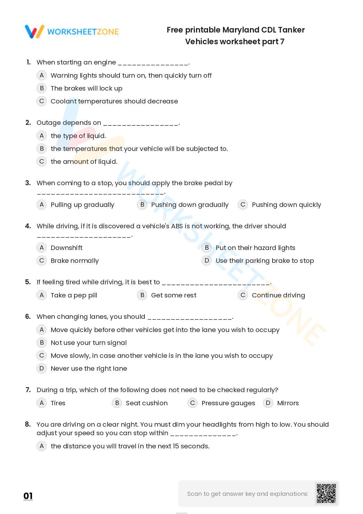 Free Printable Maryland CDL Tanker Vehicles Worksheet Part 7