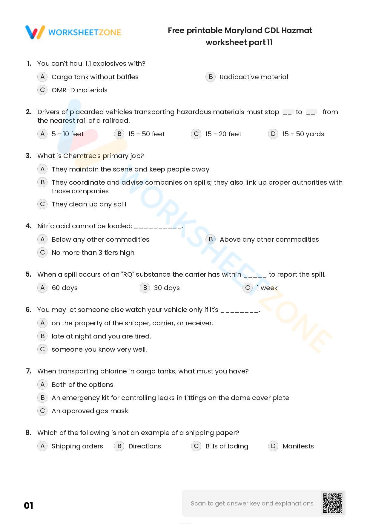 Free Printable Maryland CDL Hazmat Worksheet Part 11