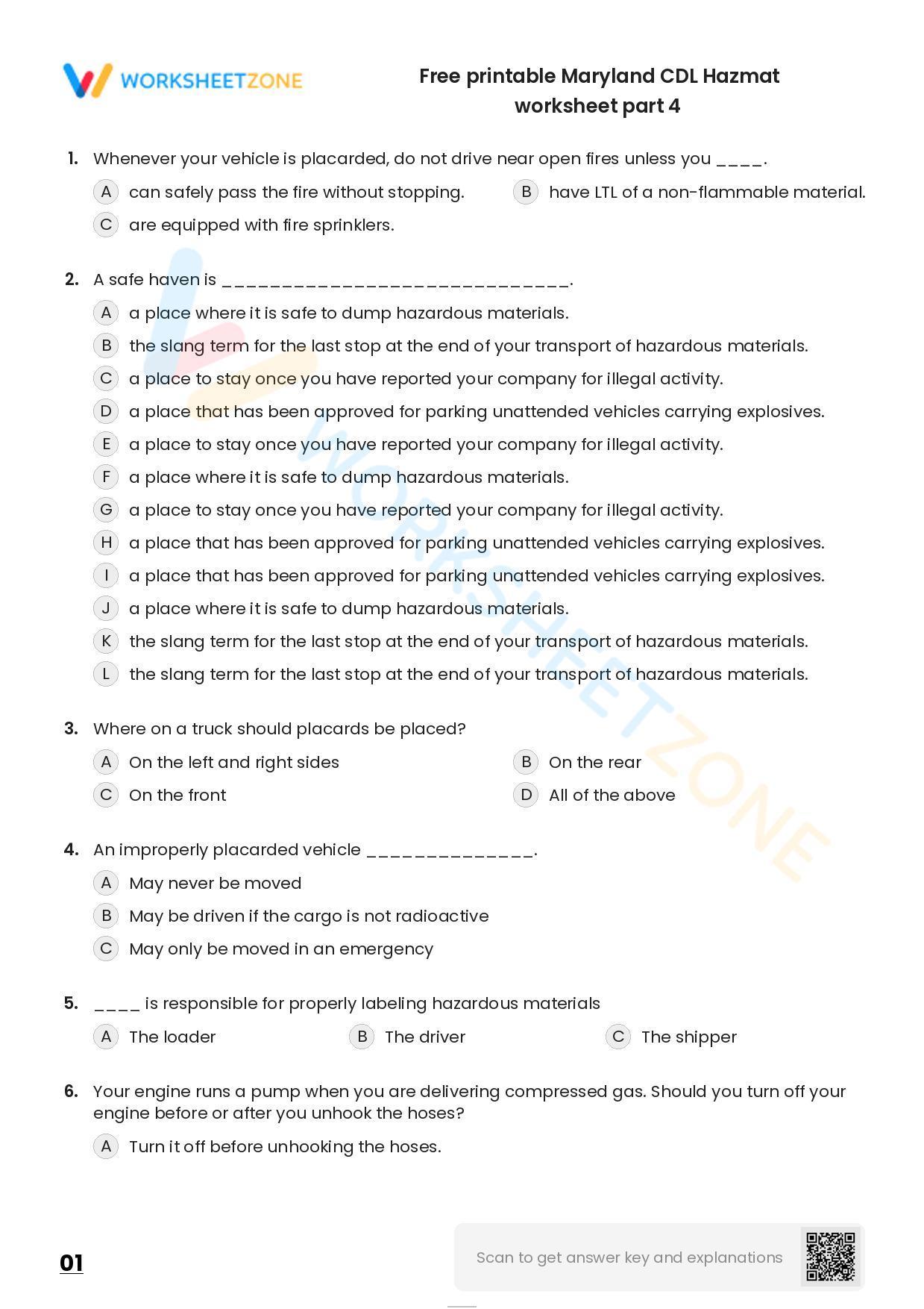 Free Printable Maryland CDL Hazmat Worksheet Part 4