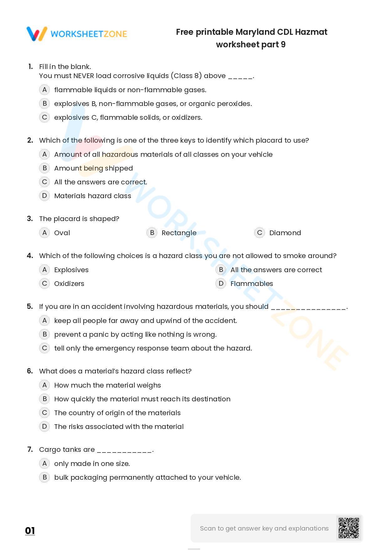 Free Printable Maryland CDL Hazmat Worksheet Part 9