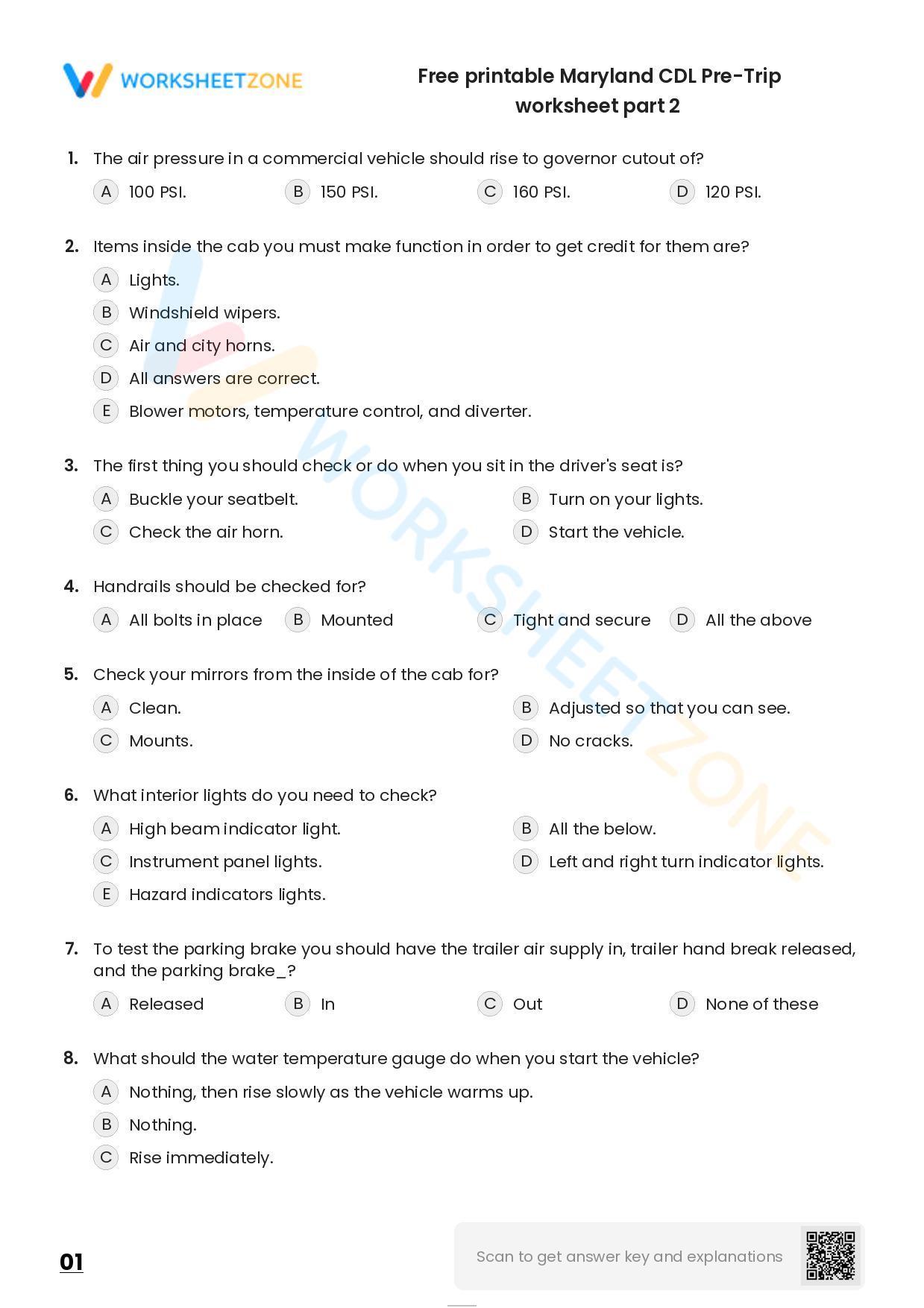 Free printable Maryland CDL Pre-Trip worksheet part 5 | Worksheet Zone
